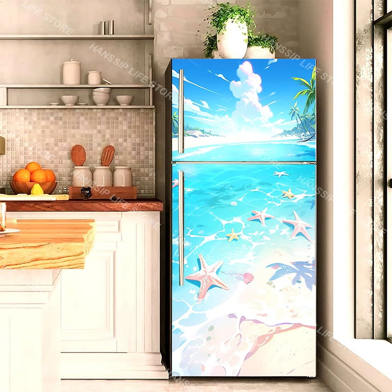 Watercolor Anime Summer Beach Mural Refrigerator Door Sticker Cartoon ...