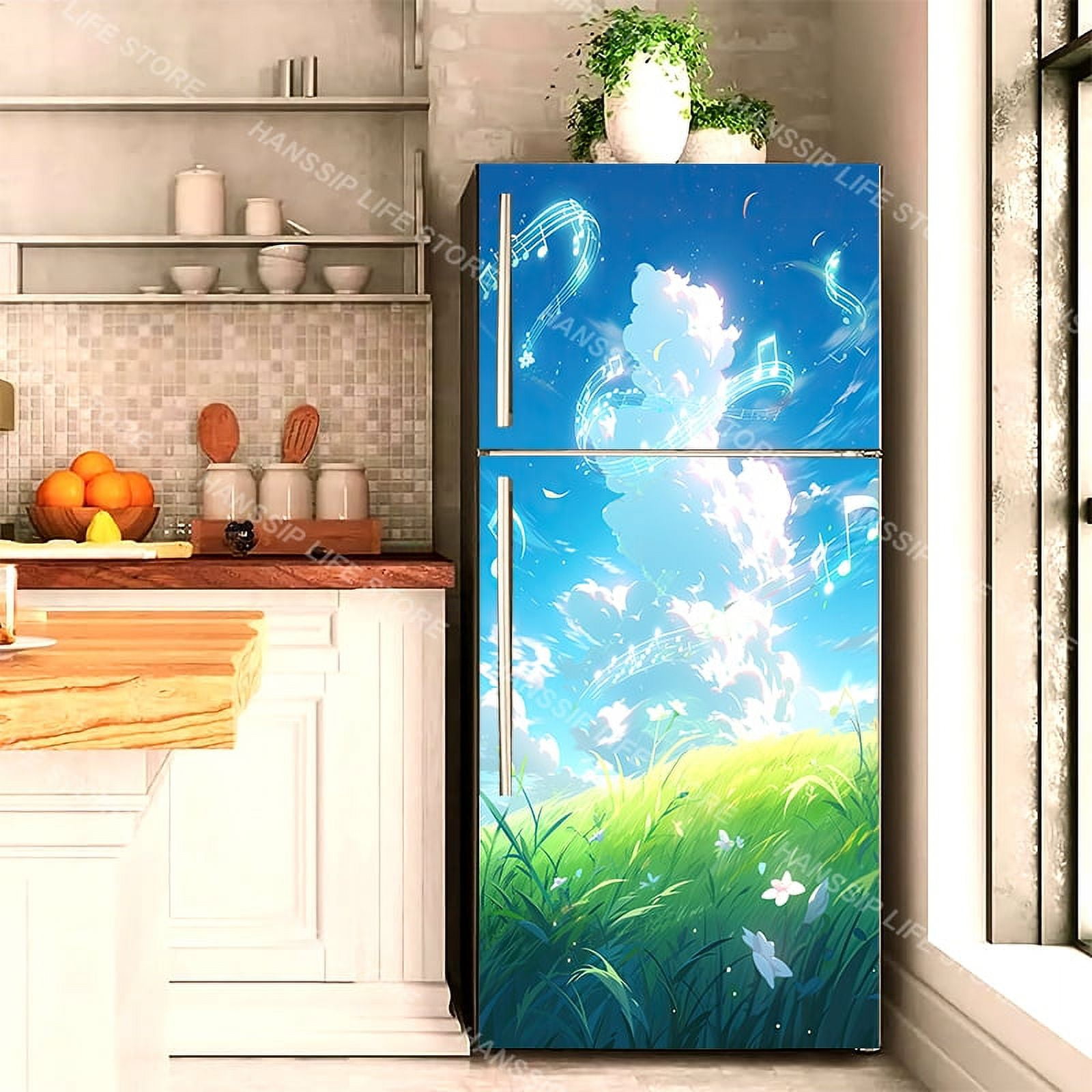 Watercolor Anime Summer Beach Mural Refrigerator Door Sticker Cartoon ...