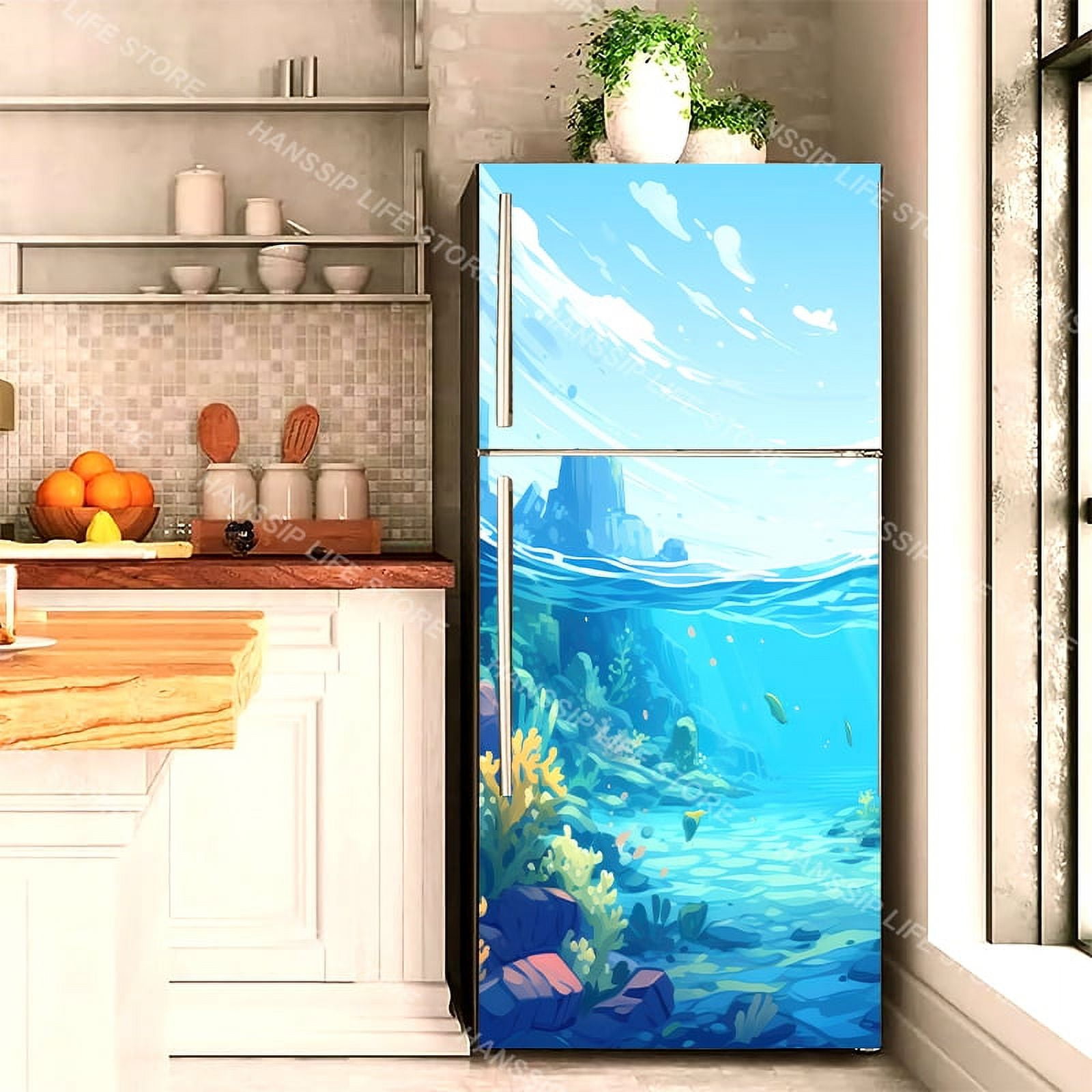 Watercolor Anime Summer Beach Mural Refrigerator Door Sticker Cartoon ...