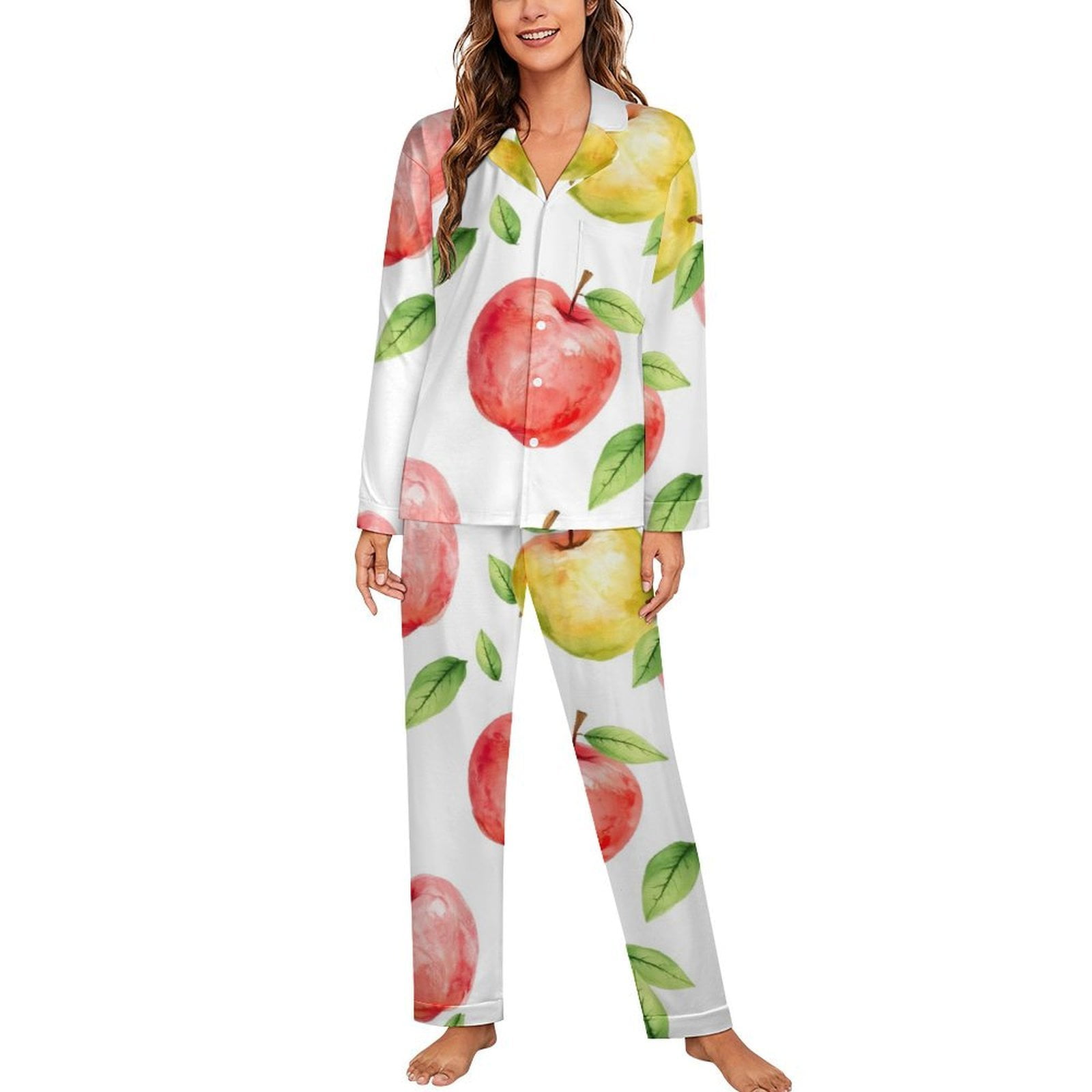 Watercolor Apple Pattern Pajamas Woman Home Suit Autumn Long Sleeve 2 ...