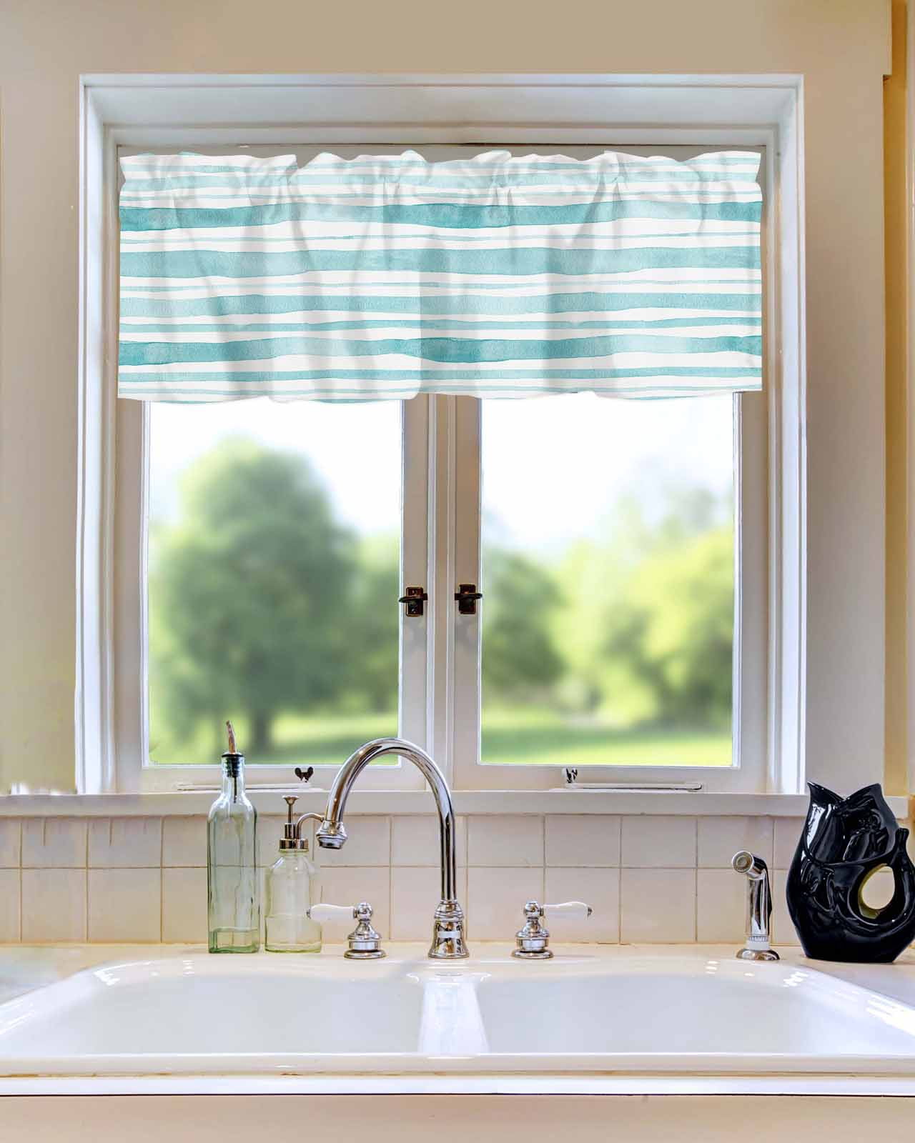 Watercolor Aqua Stripes on White Window Valances for Kitchen,Rod Pocket ...