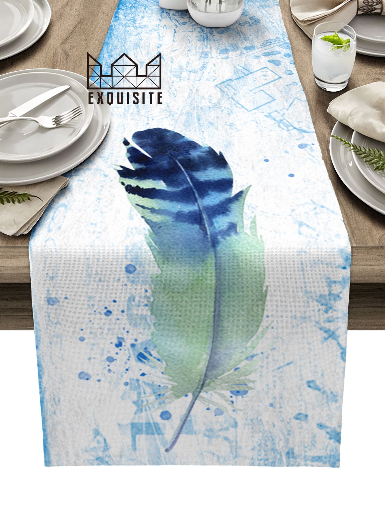 Watercolor Art Feather Mottled Vintage Table Runner ration Home r ...