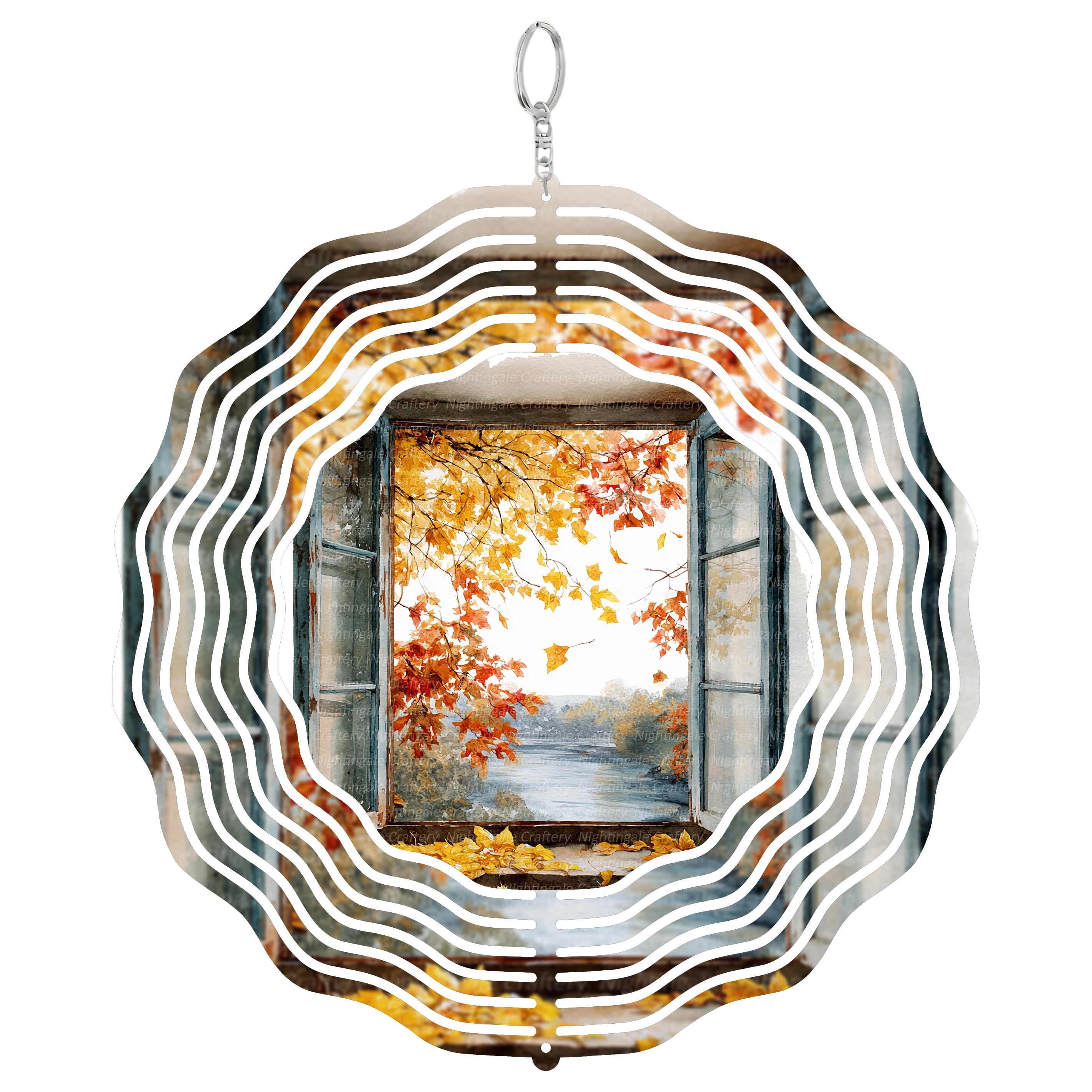 Watercolor Autumn Window View 3D Wind Spinner Stainless Steel Kinetic ...