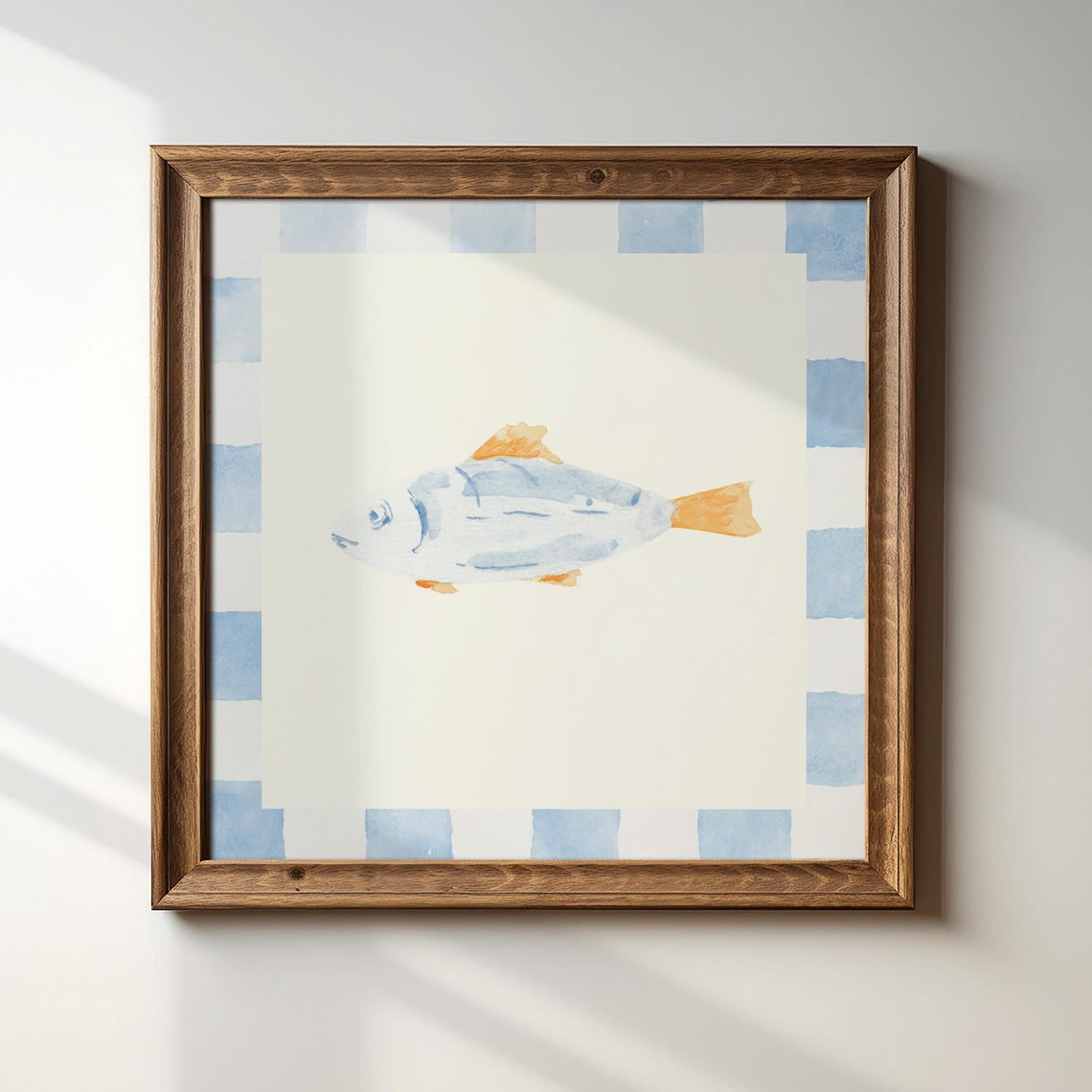 Watercolor Baby Blue Checkered Fish Print, Instant Trendy Decor, Living ...