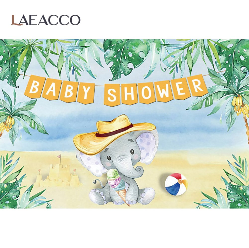 Watercolor Baby Shower Elephant Seaside Beach Tropical Palms Tree Leave ...