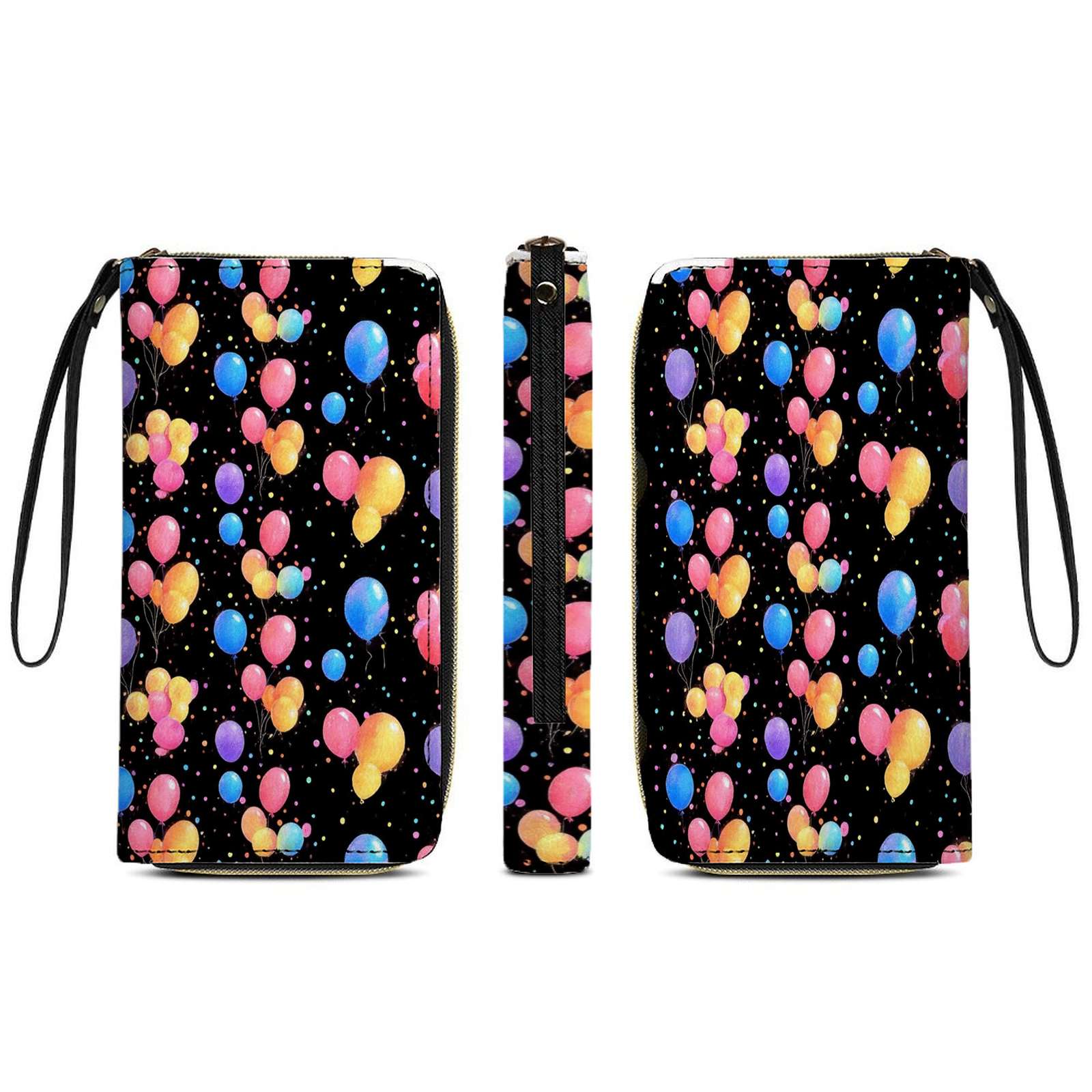 Watercolor Balloon On Black Long Wallets For Women PU Leather Purse ...