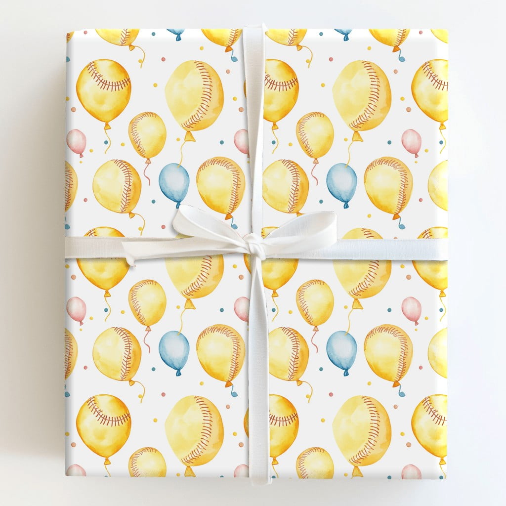 Watercolor Baseball Balloons and Confetti Sports Theme Gift Wrapping ...