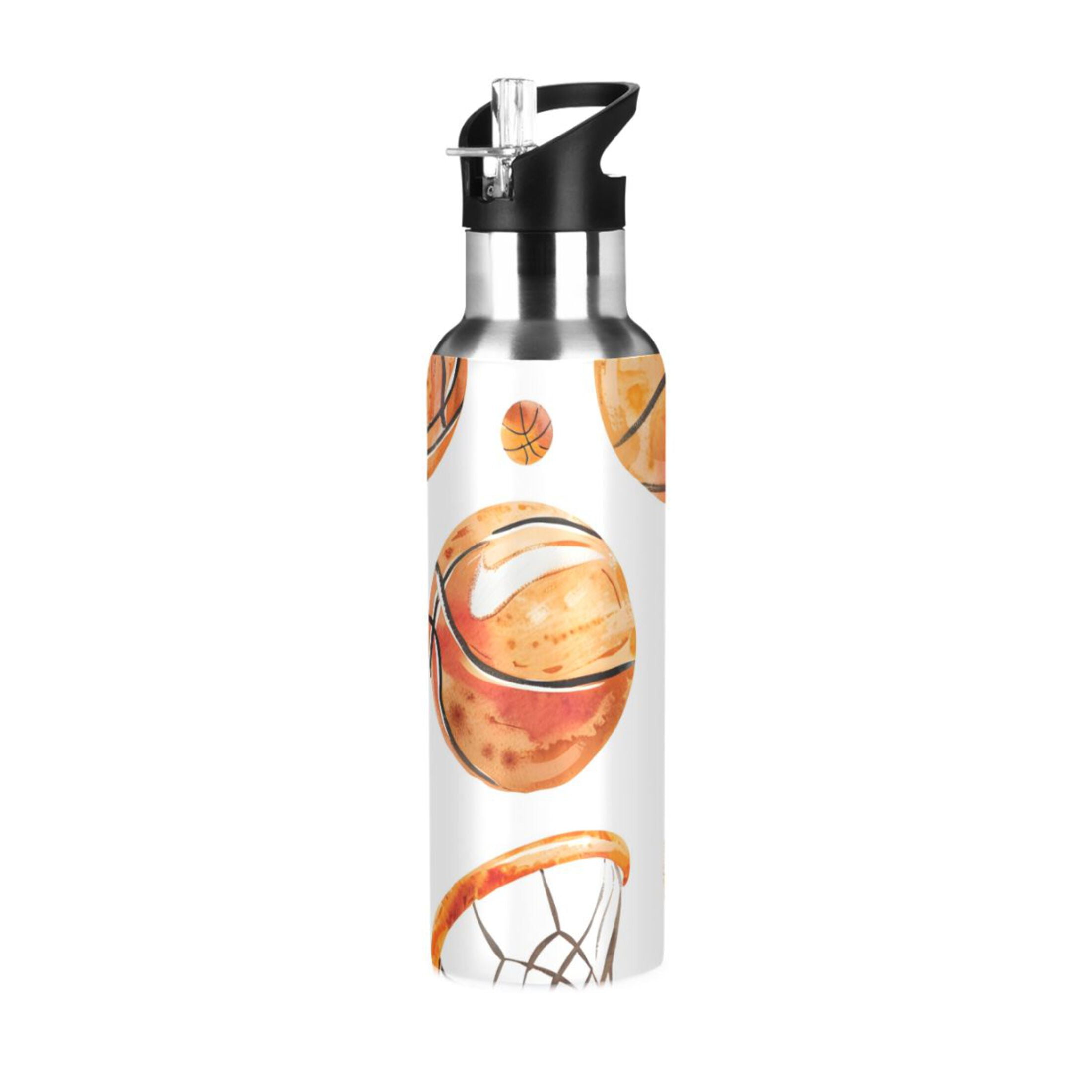 Watercolor Basketballs and Hoops Sports Bottle with Straw Stainless Steel Water Jug Portable ...