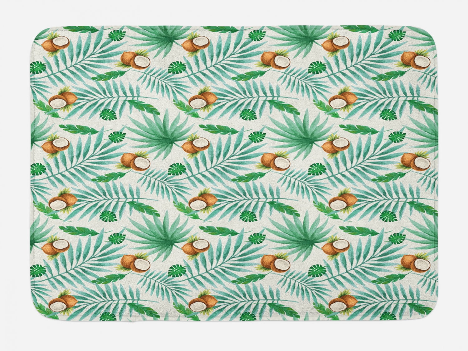 Watercolor Bath Mat, Coconut Fruit Exotic Nature Palm Tree Leaves Aloha ...