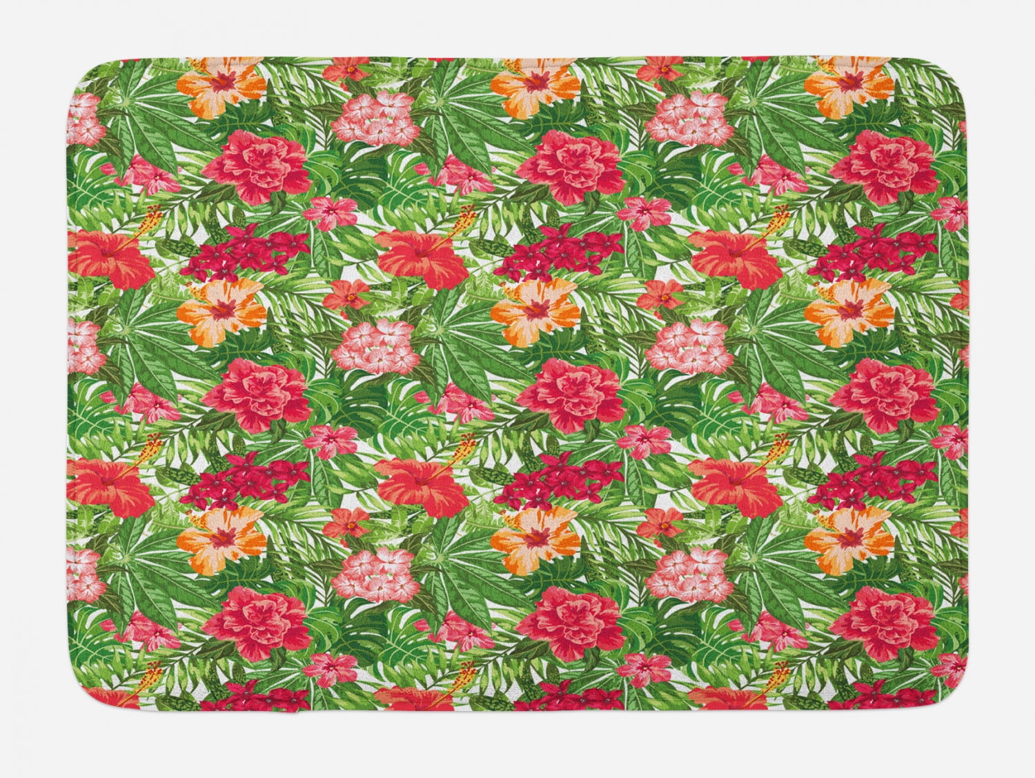 Watercolor Bath Mat, Exotic Flower Arrangement Hawaiian Foliage ...