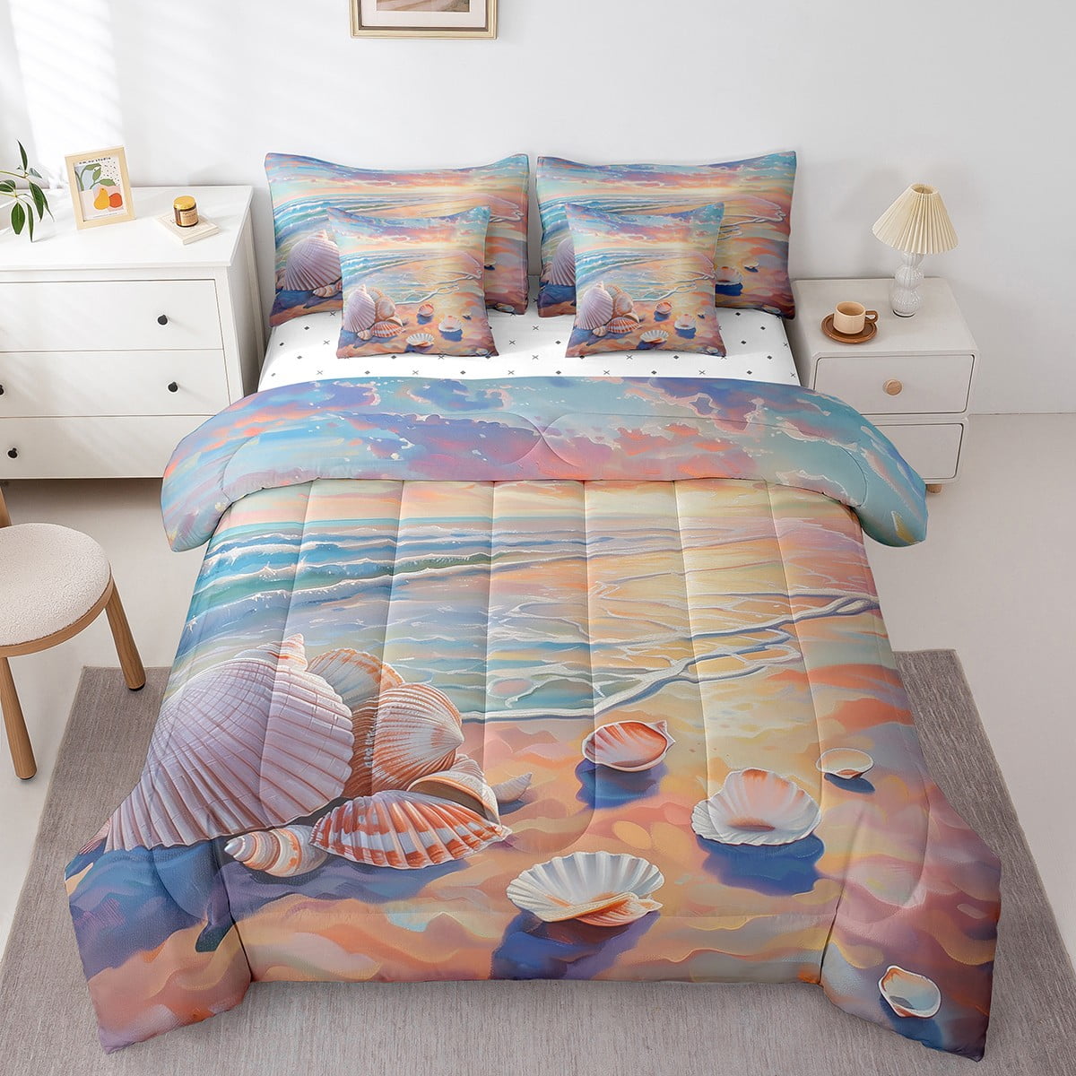 Watercolor Beach Bed in a Bag 7 Pieces Oil Painting Bedding Set ...