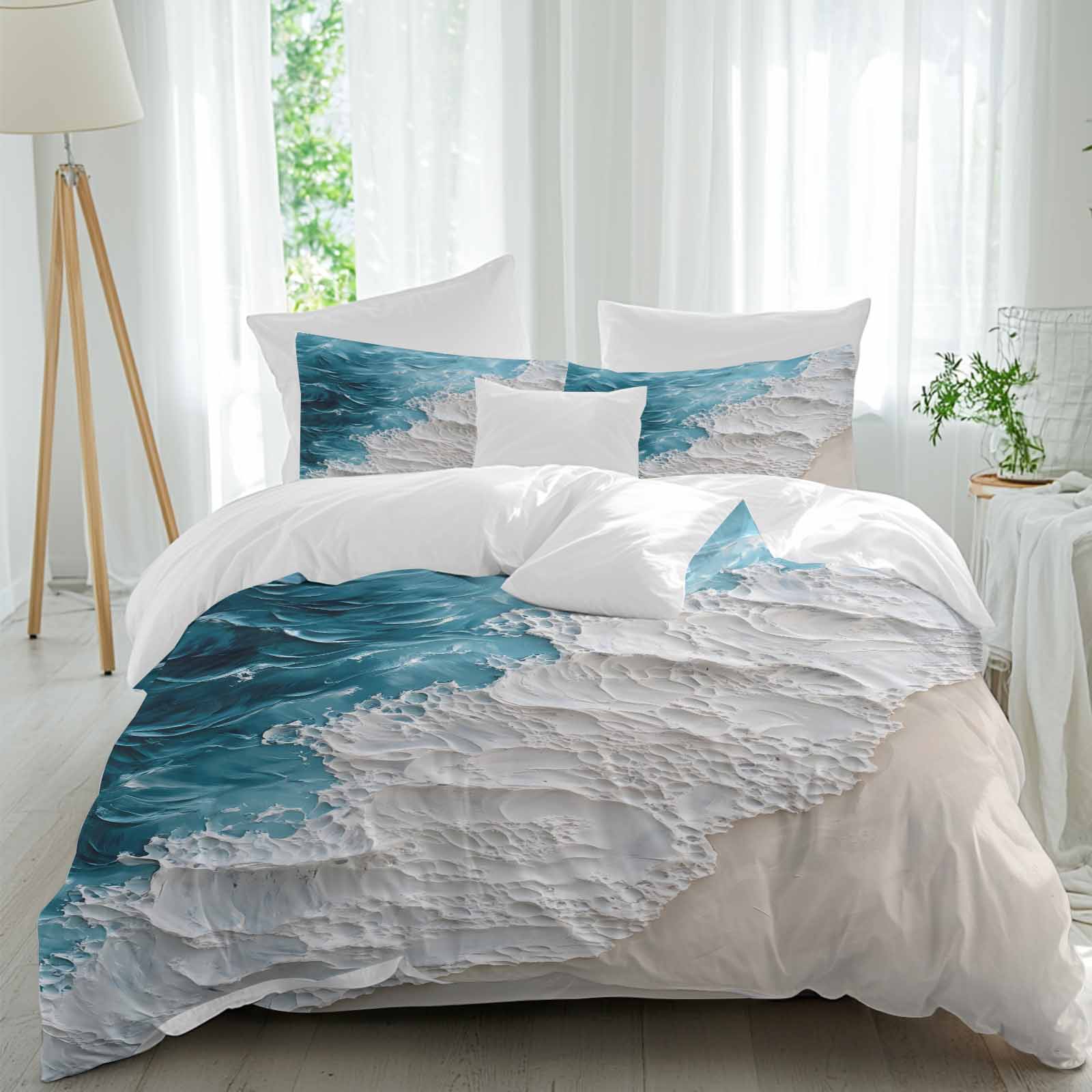 Watercolor Beach Waves Duvet Cover Set Queen Size Abstract Blue Ocean ...