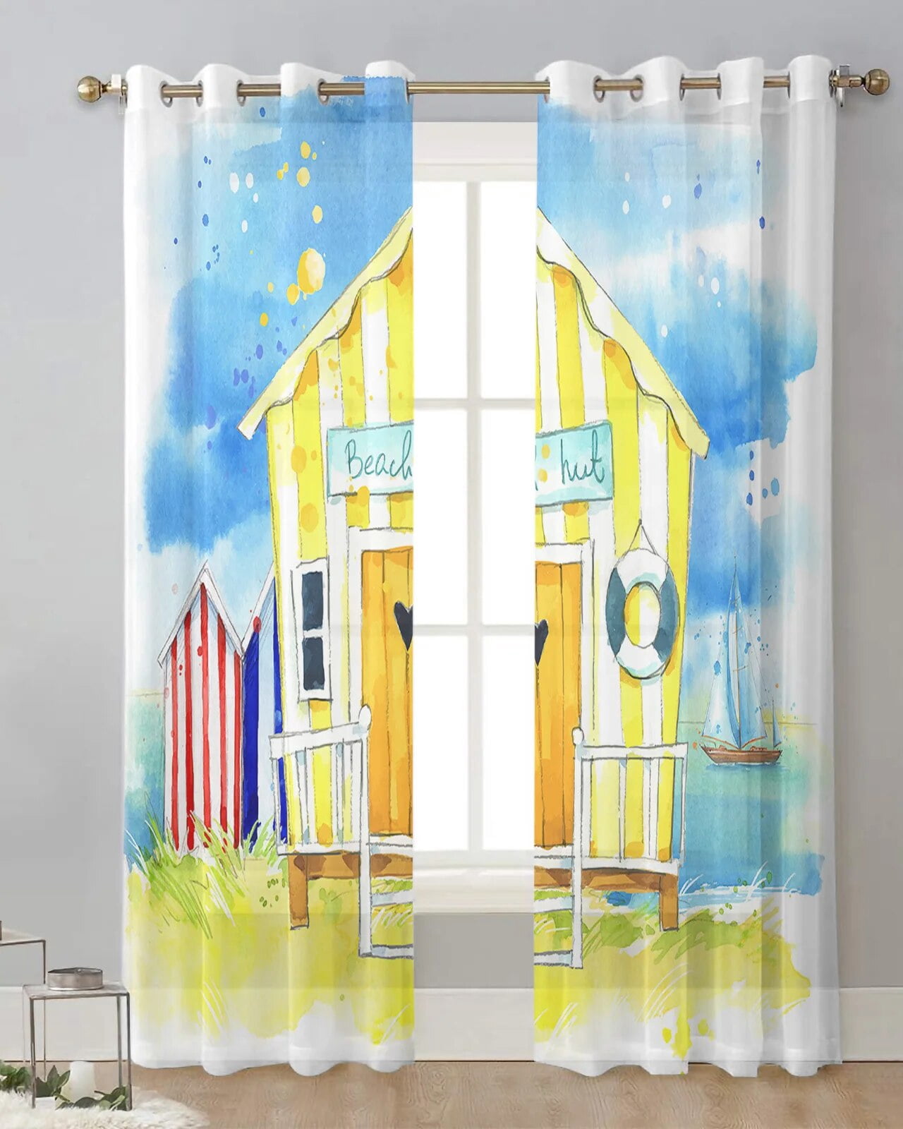 Watercolor Beach Wooden House Surfboard Voile Hanging Curtain Living ...