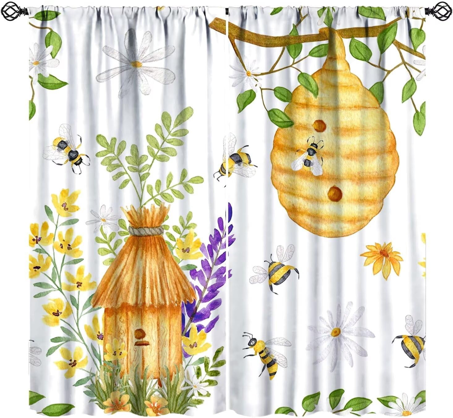 Watercolor Bee Curtains for Kitchen, Spring Honey Bees Daisy Flowers ...