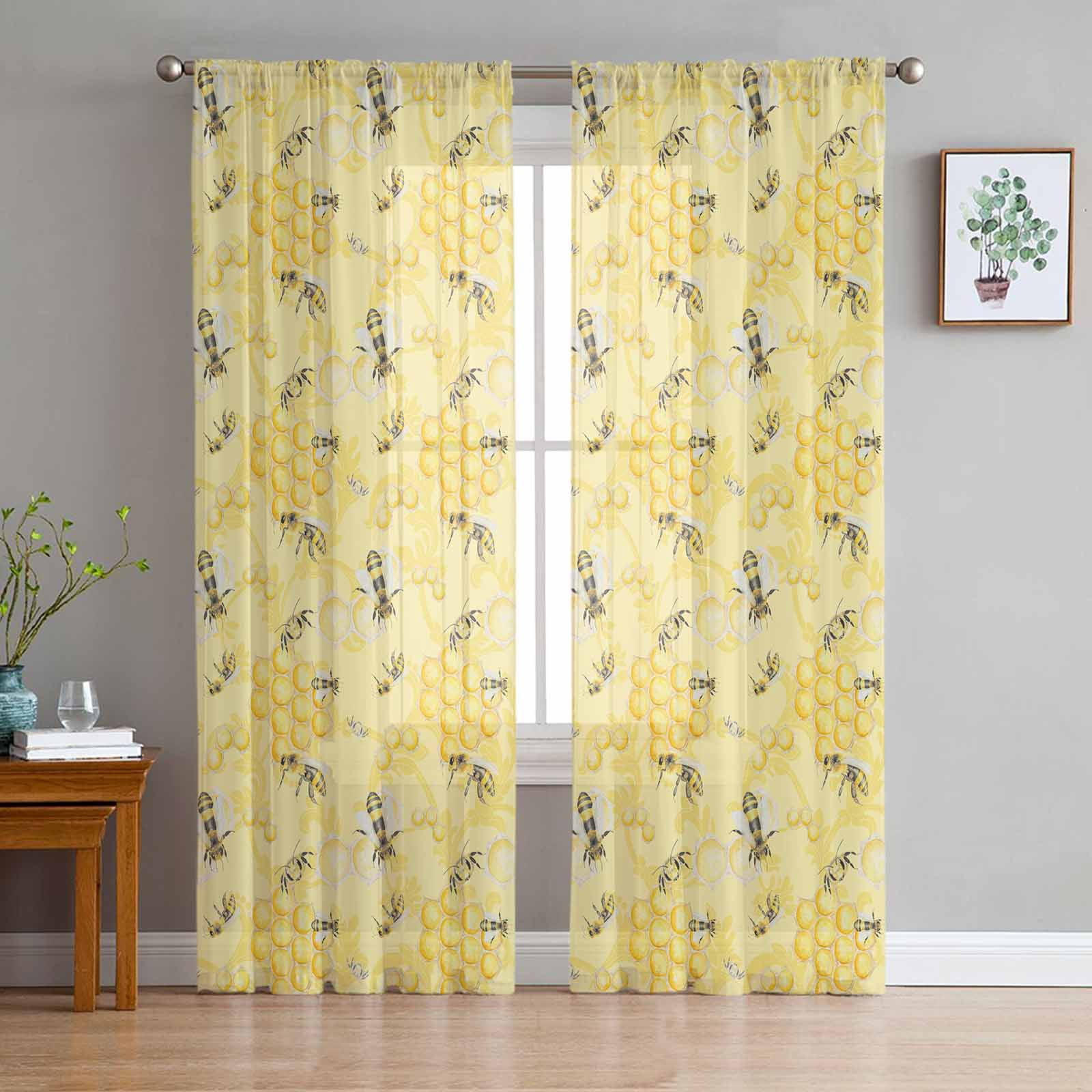 Watercolor Bee Hive Yellow Sheer Tulle Curtains for Living Room Valance ...