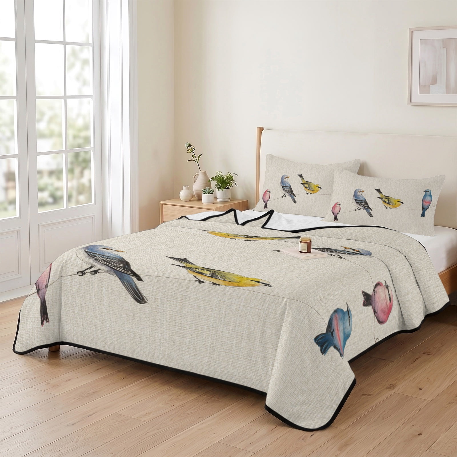 Watercolor Birds on Line 3 Pieces Quilt Set,1 Quilt with 2 Shams ...