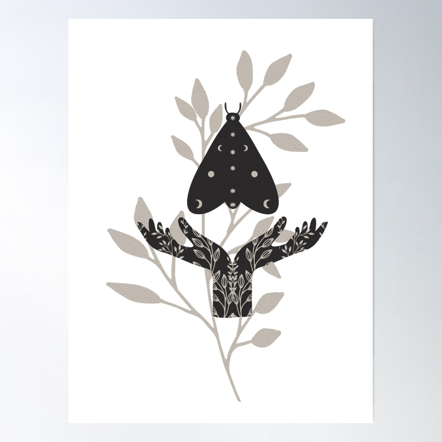 Watercolor Black Moth Crescent Moon Wings Held By Cupped Silhouette ...