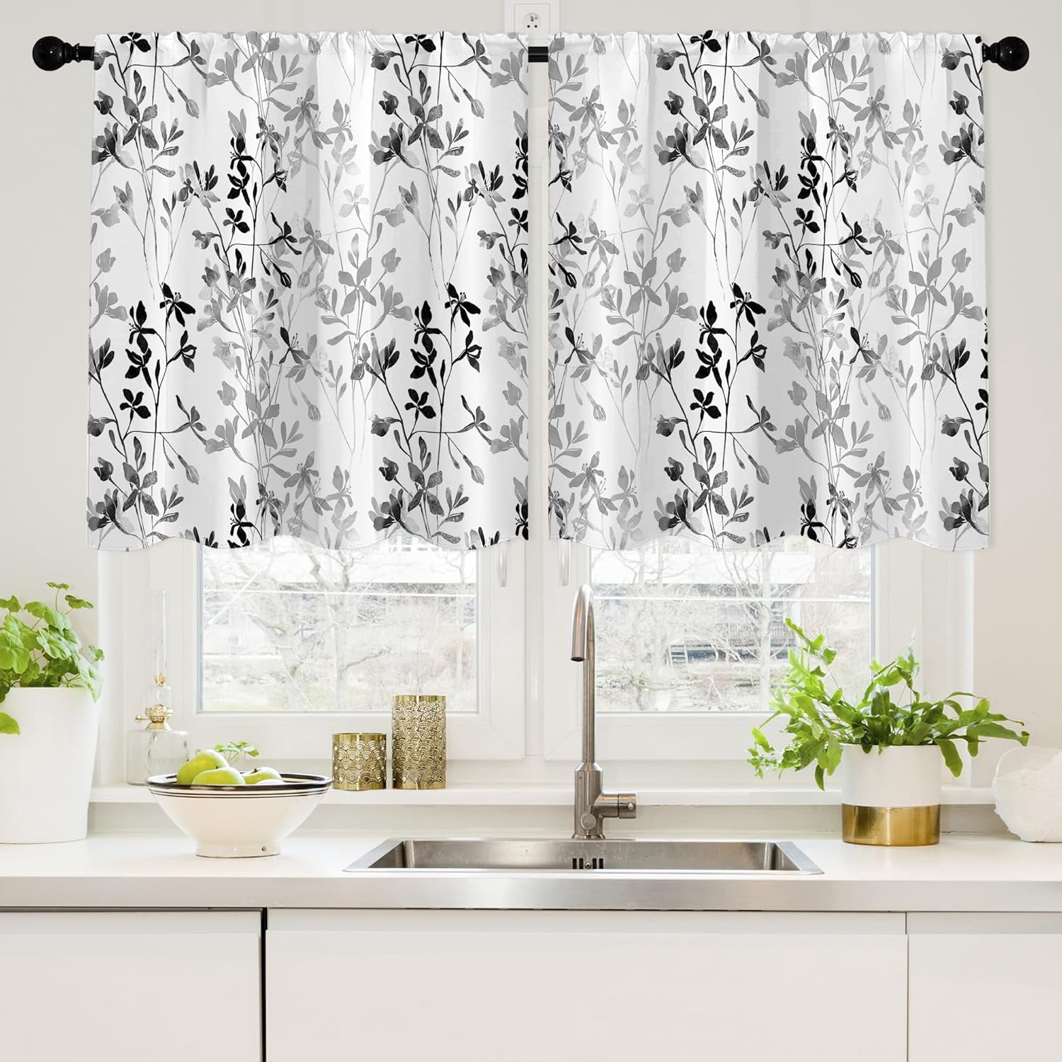 Watercolor Black White Grey Floral Leaf Kitchen Curtains Valances for ...