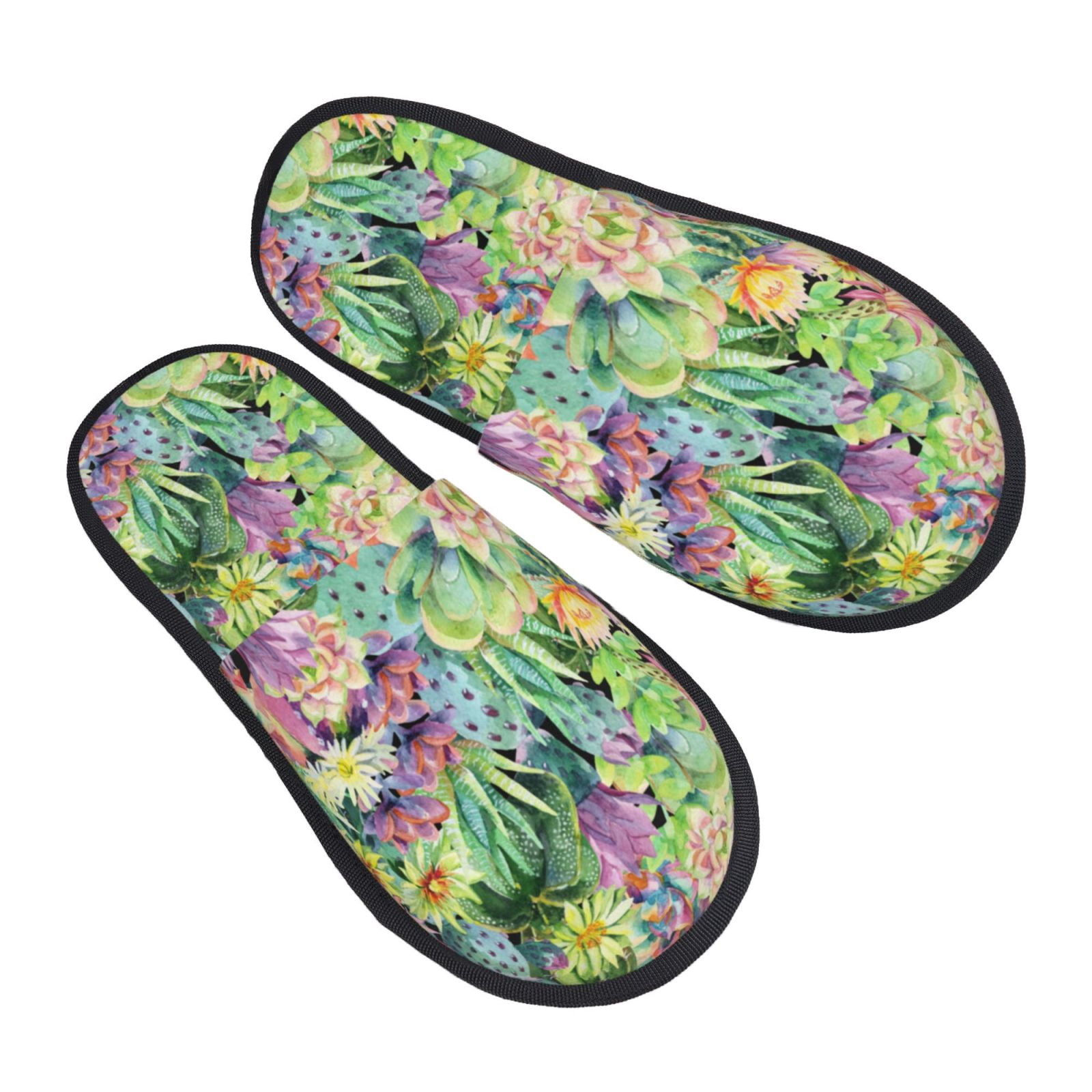 Watercolor Blooming Cactus House Slippers for Women Indoor, Fuzzy Warm ...
