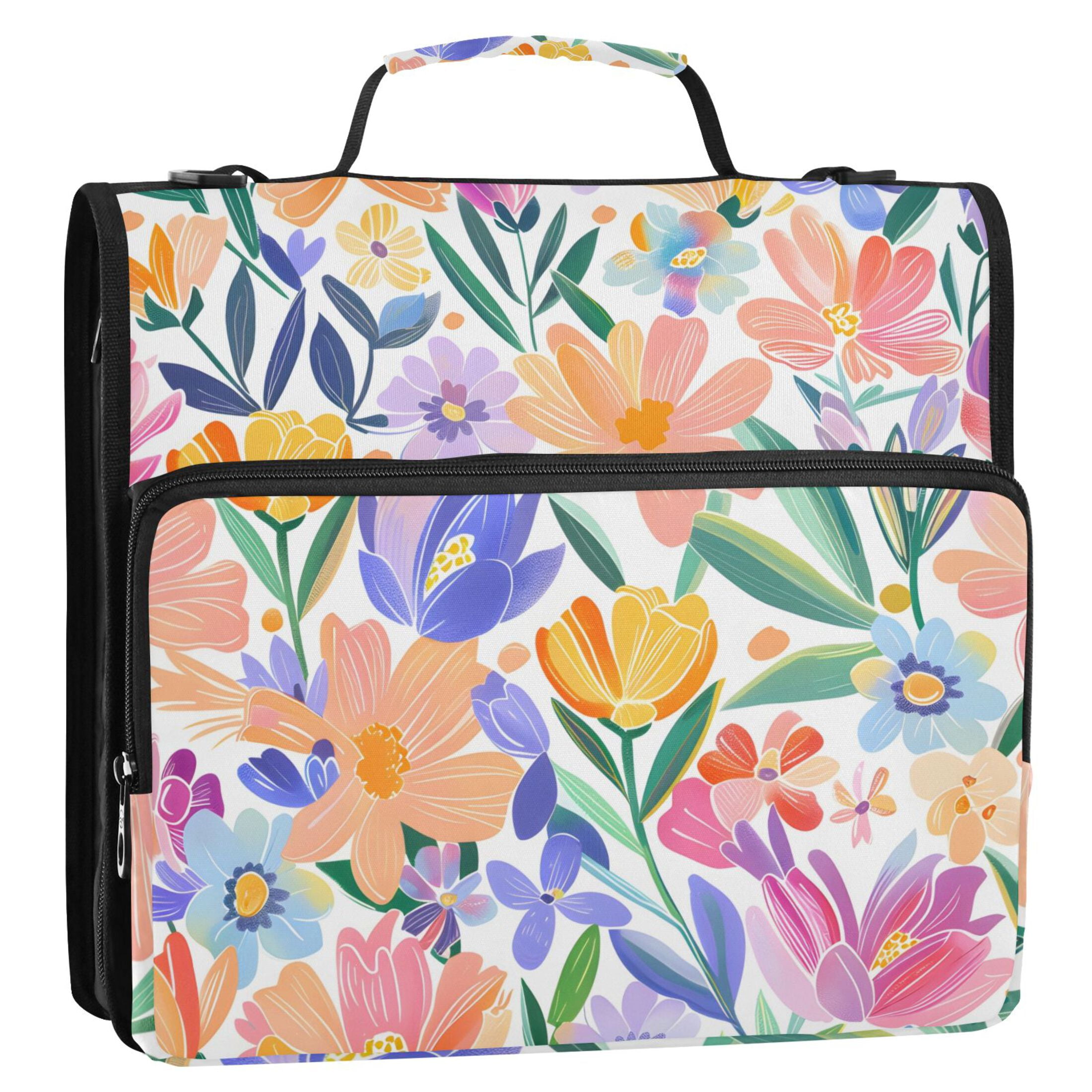 Watercolor Blooming Flowers Leaves Binder Bag with Shoulder Strap 3 ...