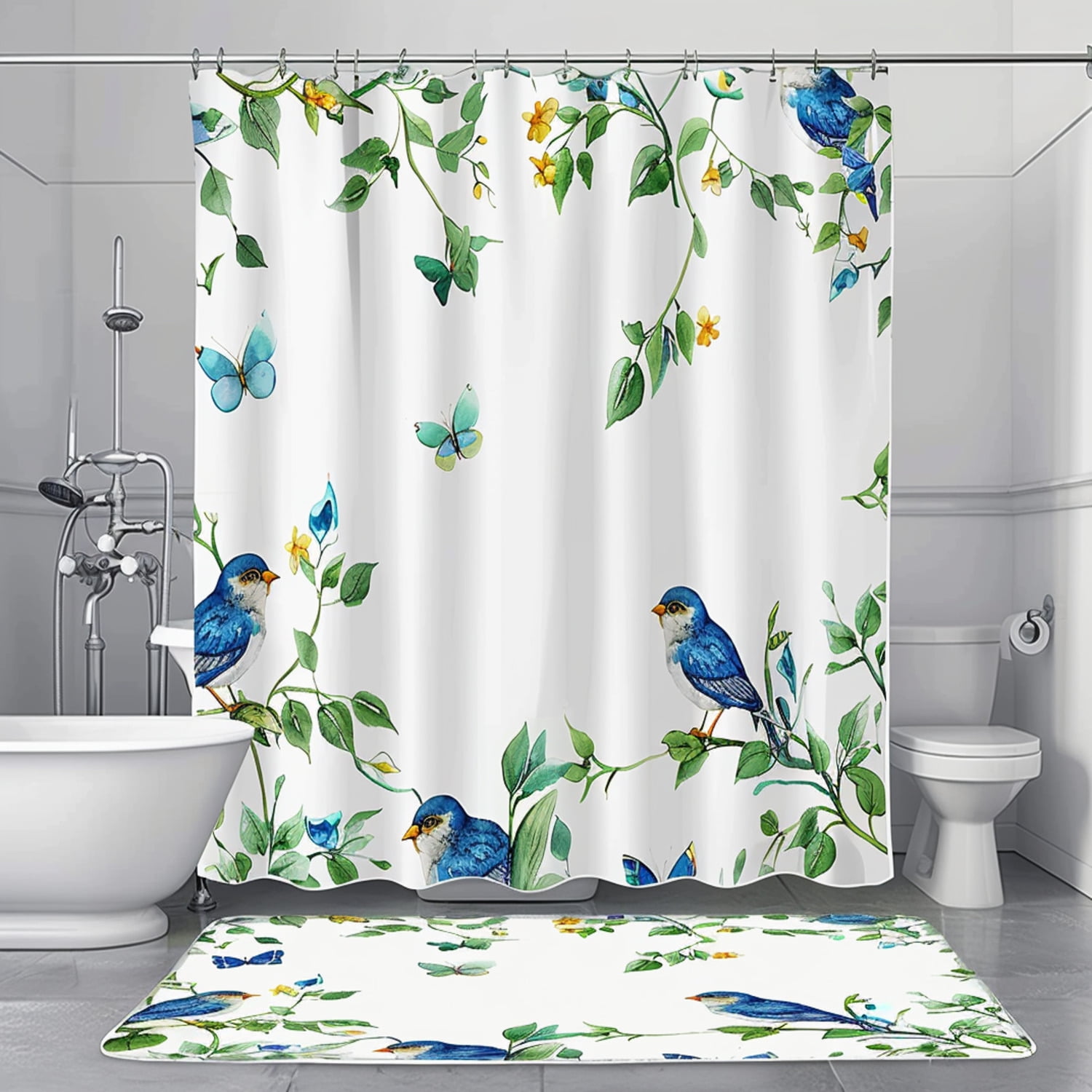 Watercolor Blue Birds and Green Leaves Bathroom Set with White ...