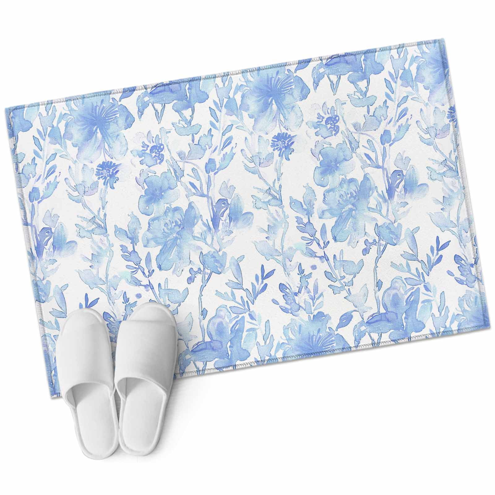 Watercolor Blue Floral Bathroom Mat 2x3 FT, Non Slip Small Kitchen Mat ...