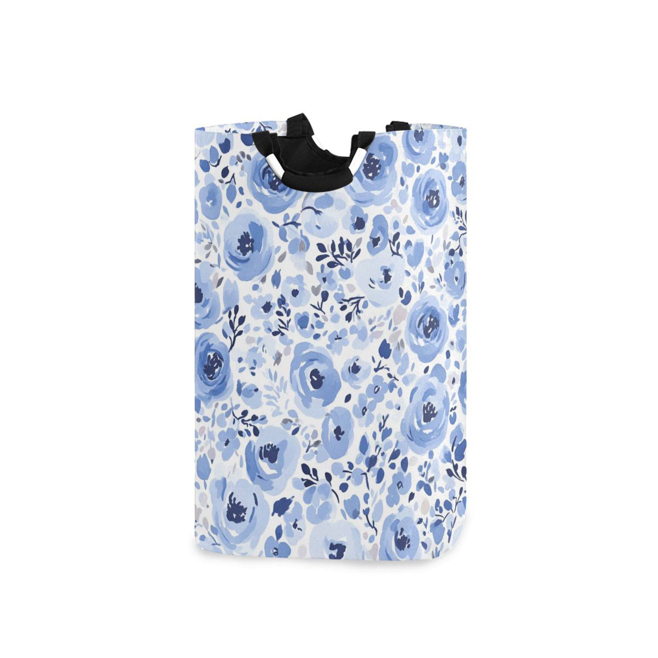 Watercolor Blue Floral Laundry Basket with Handles 50L Collapsible ...