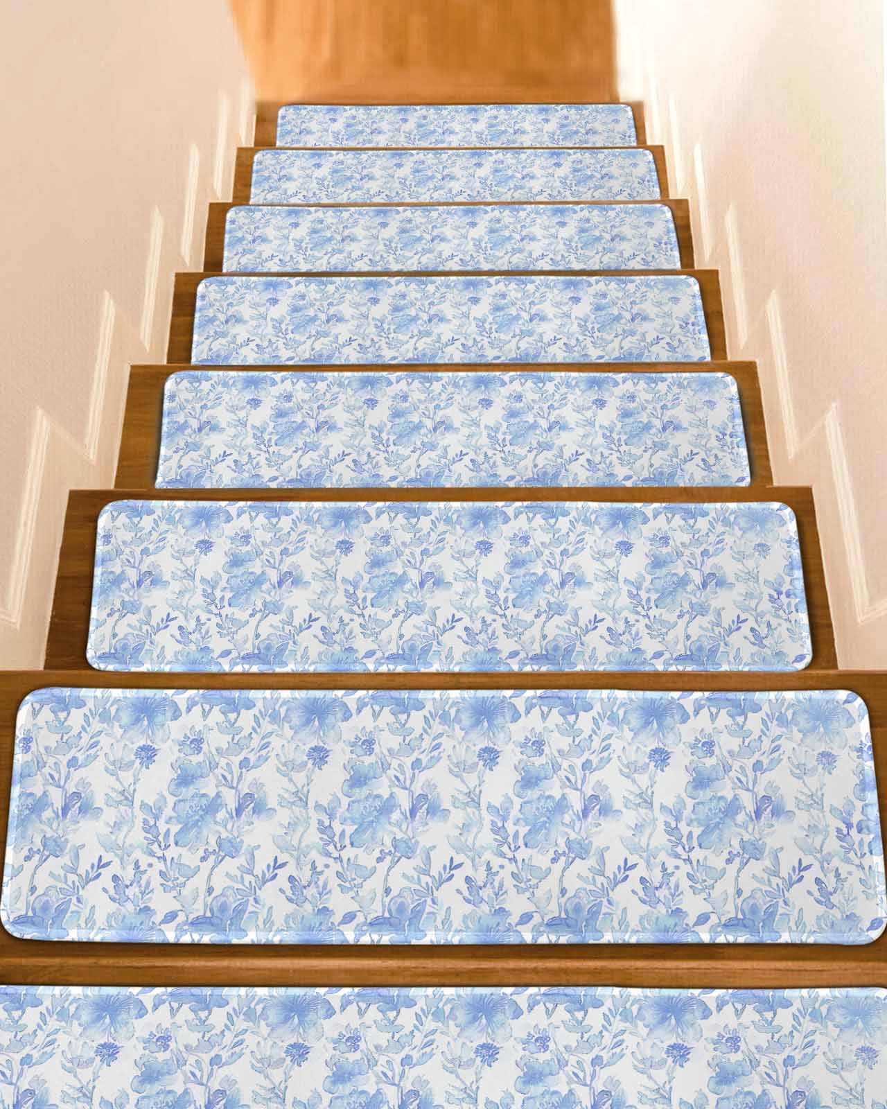 Watercolor Blue Floral Stair Treads for Wooden Steps Indoor Runner Rug ...