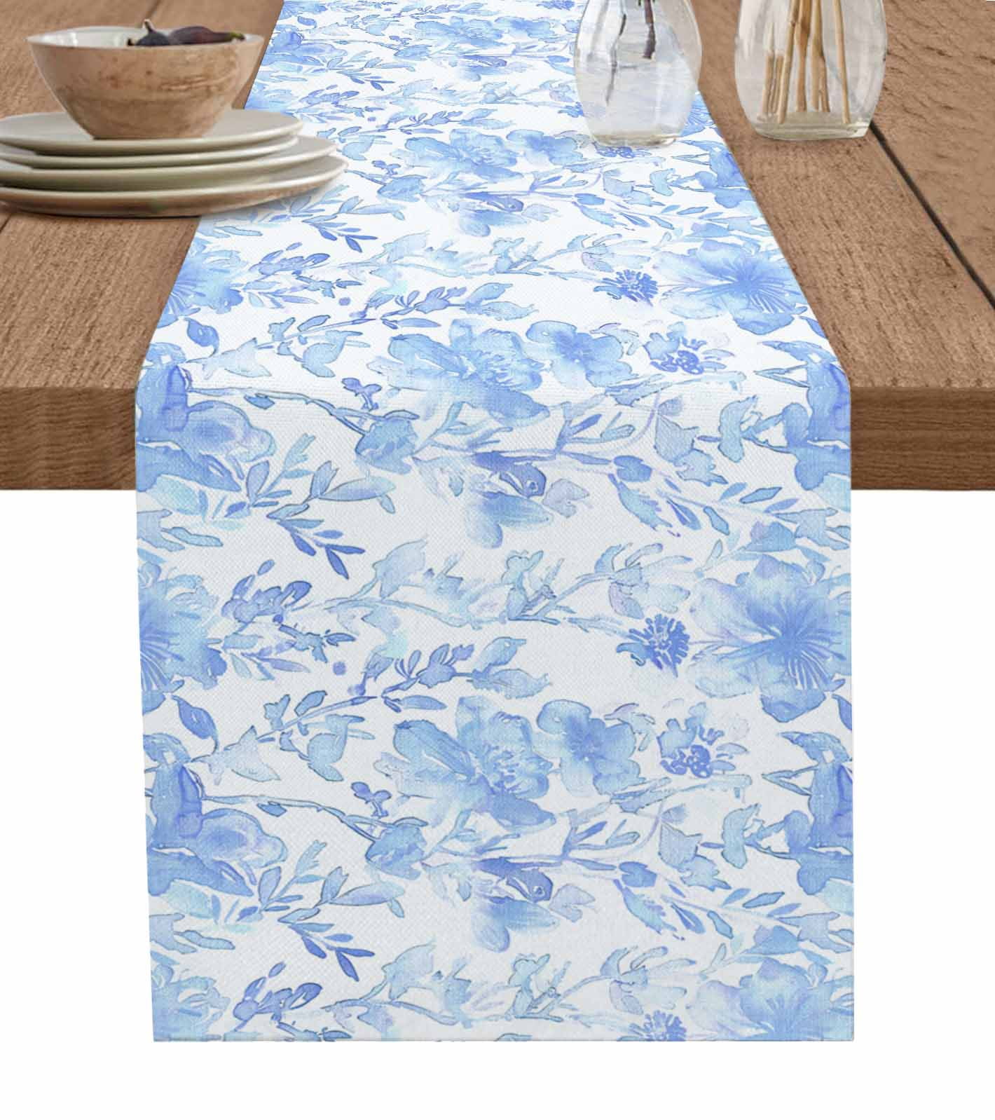Watercolor Blue Floral Table Runner Blue Ombre Botanical Summer ...