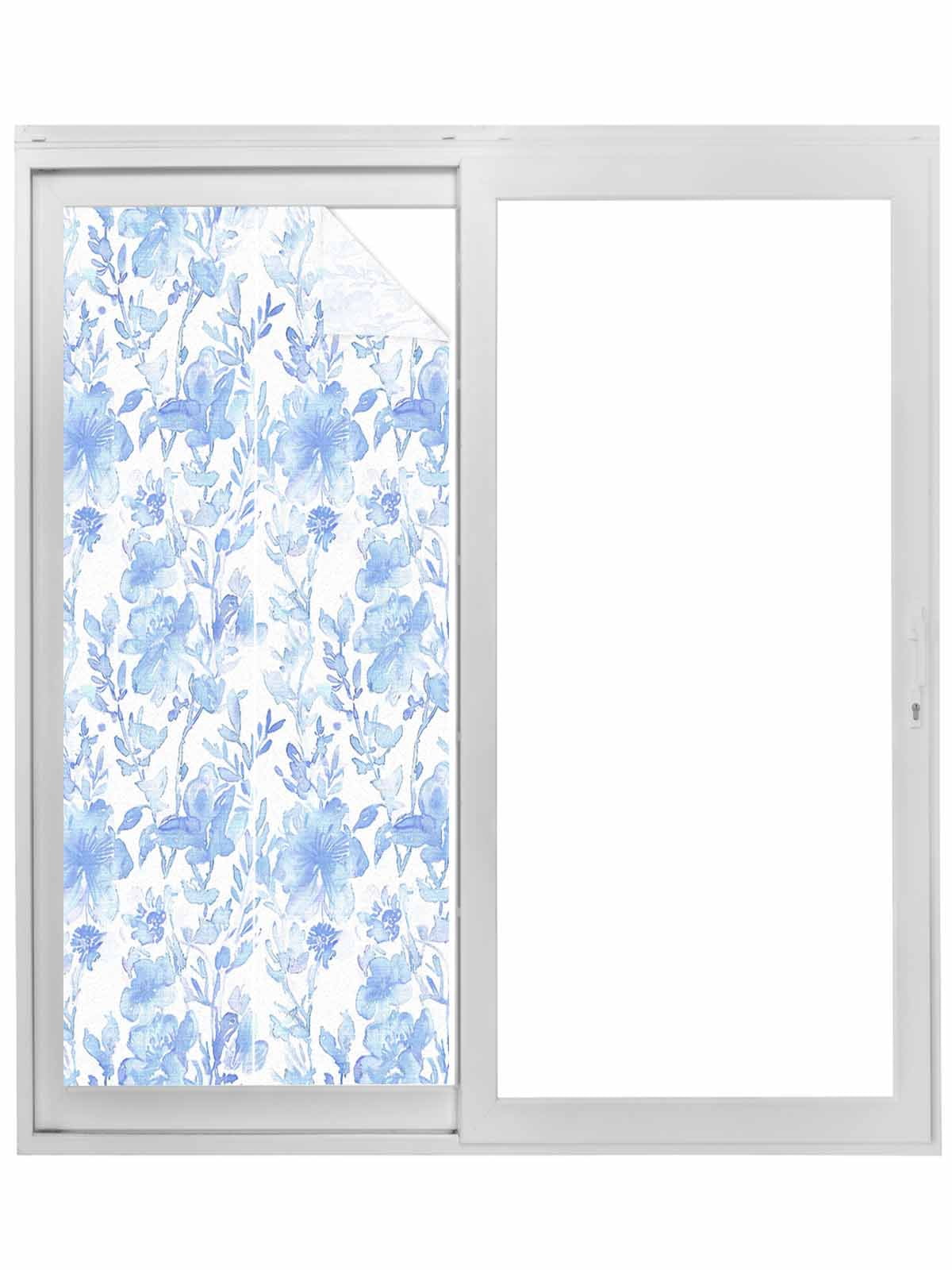 Watercolor Blue Floral Window Privacy Film, Blue Ombre Botanical Summer ...