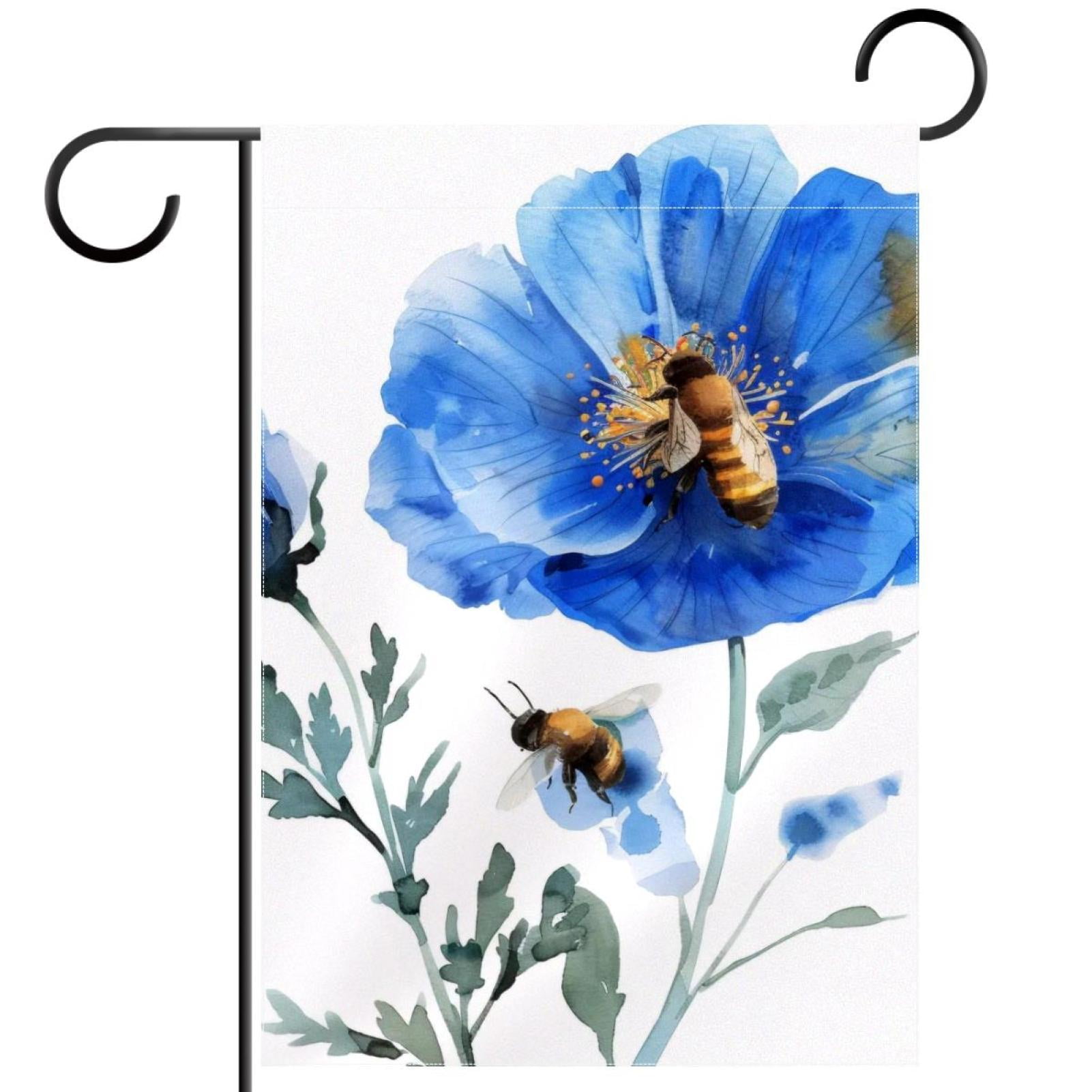 Watercolor Blue Flower with Bees Double Sided Garden Flag Decorative ...