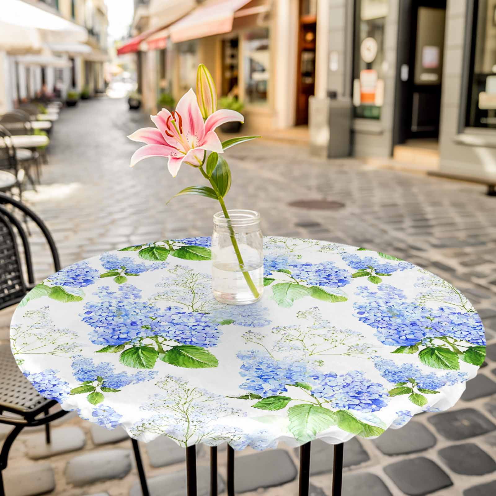 Watercolor Blue Flower Hydrangea Round Fitted Tablecloth with Elastic ...