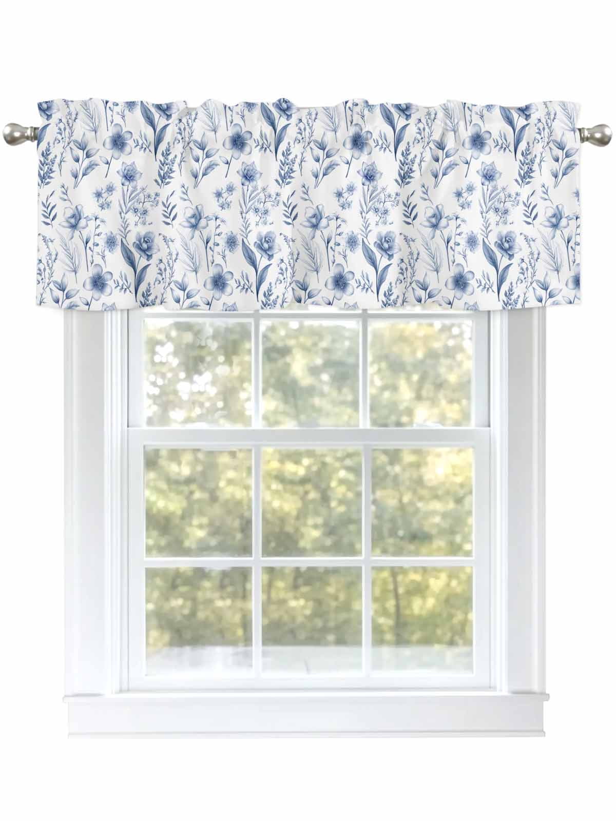 Watercolor Blue Flower Pattern Valances Curtain Kitchen Rod Pocket ...