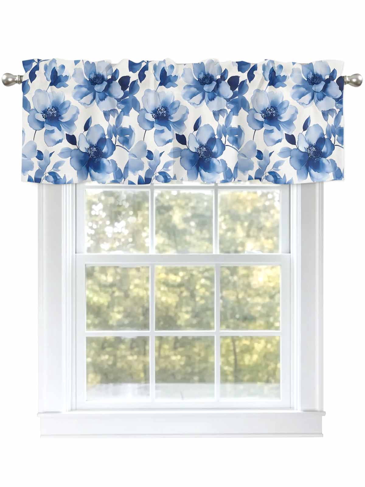 Watercolor Blue Flowers Curtain Valances for Windows, Spring Window ...