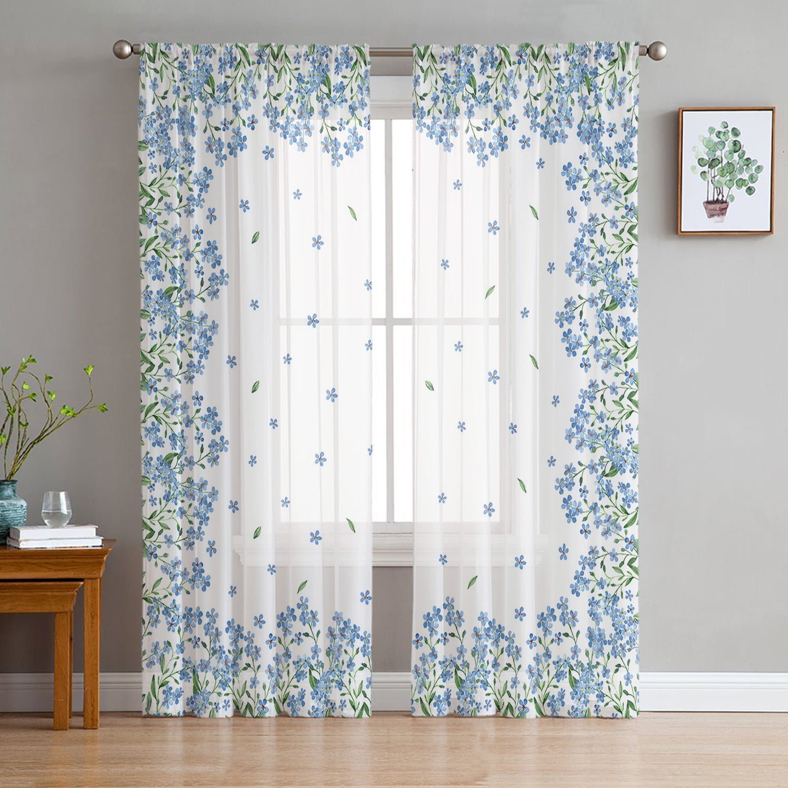 Watercolor Blue Flowers Farmhouse Countryside Sheer Curtains For Living ...
