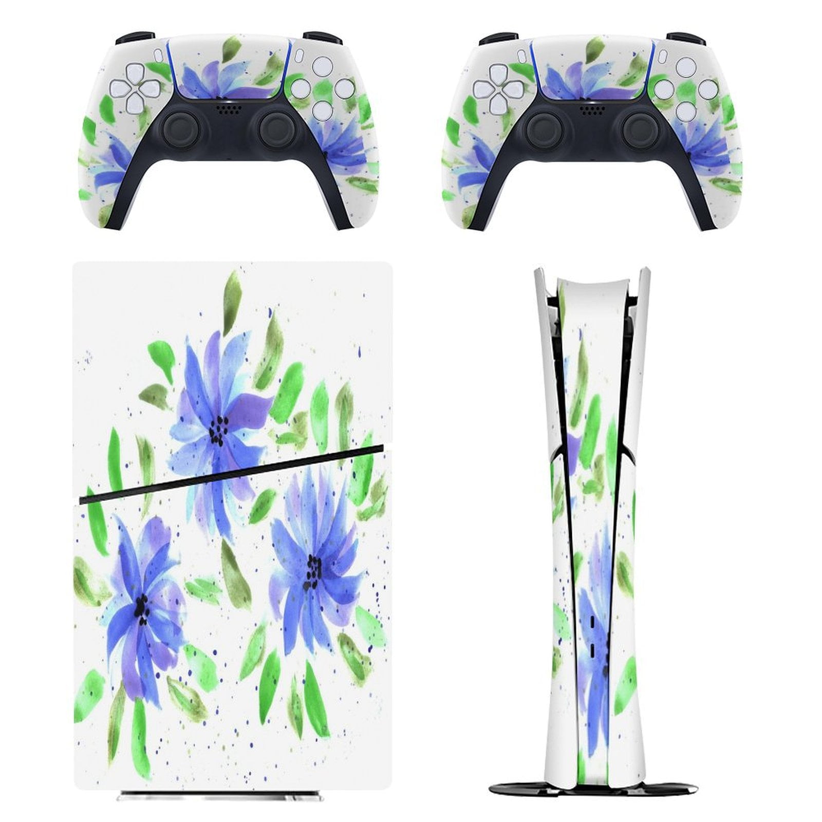 Watercolor, Blue Flowers, Green Leaves PS5/PS5 Slim Digital Disc Skin ...