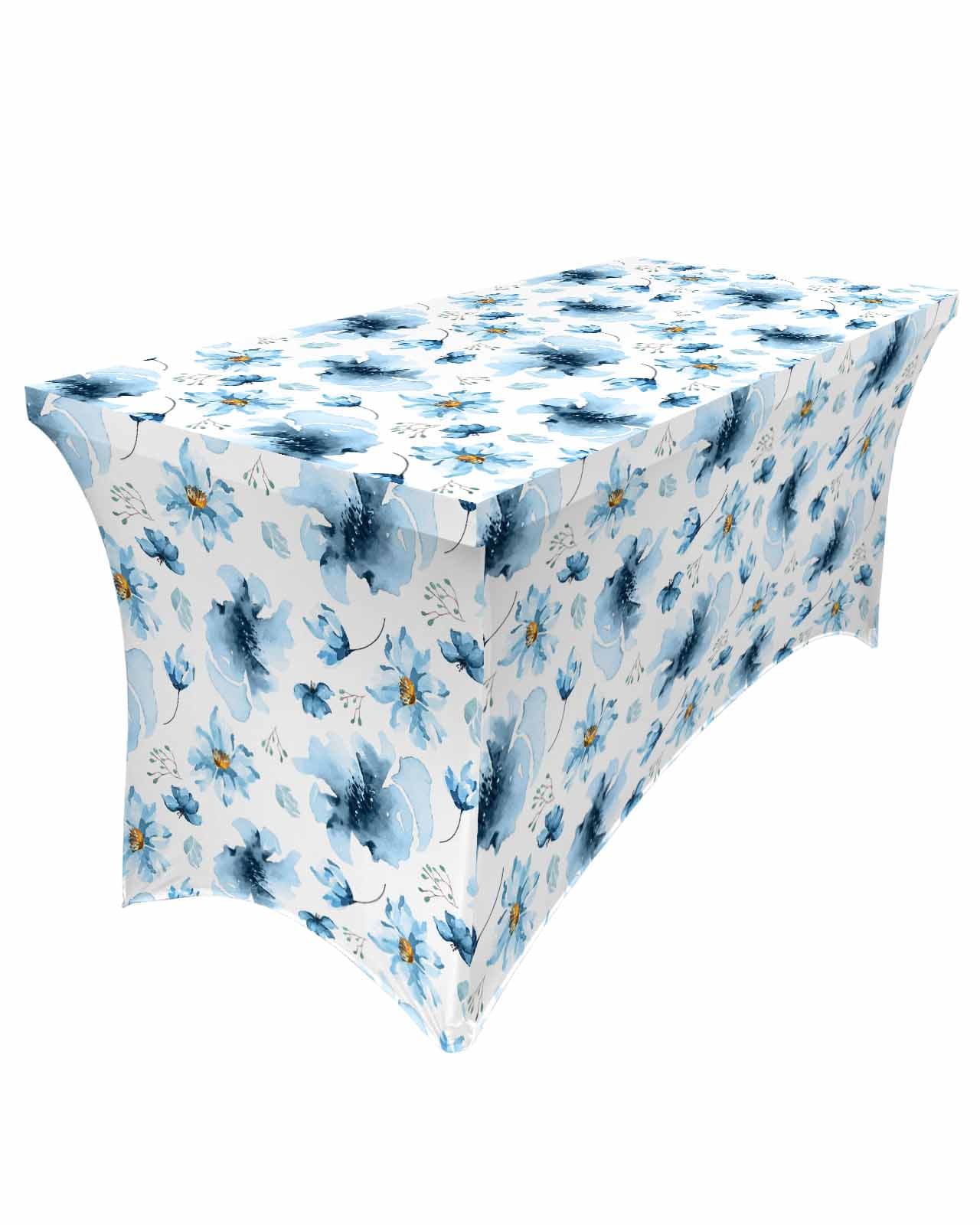 Watercolor Blue Flowers In Spring Rectangular Elastic Table Skirt ...