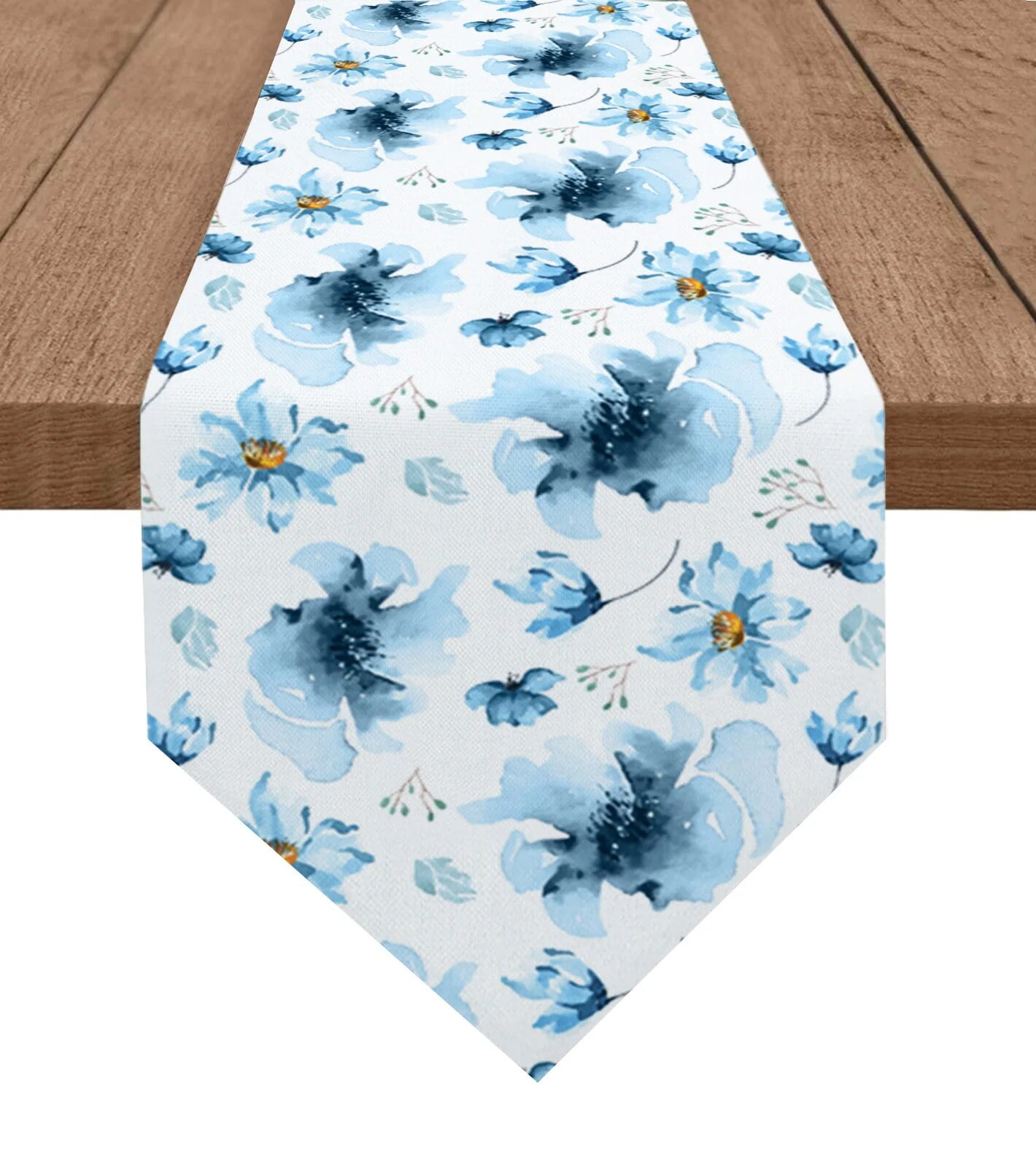 Watercolor Blue Flowers In Spring Table Runner Wedding Modern Home ...