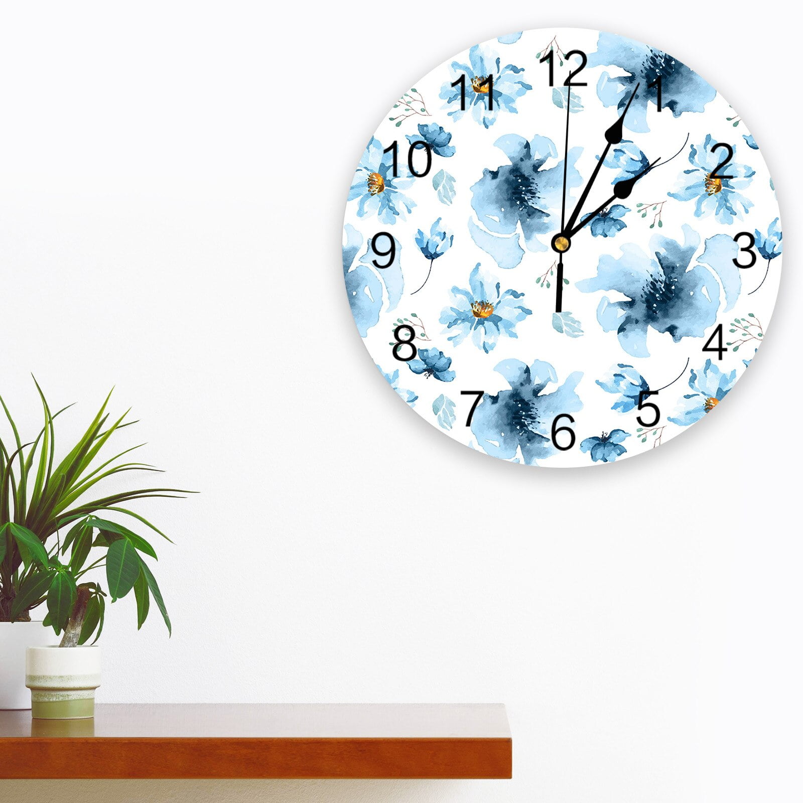 Watercolor Blue Flowers In Spring Wall Clock Silent Digital Clocks for ...