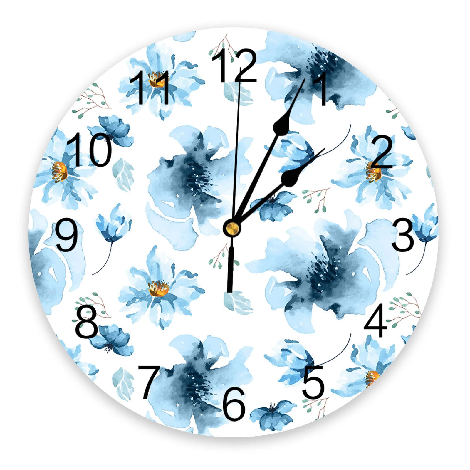 Watercolor Blue Flowers In Spring Wall Clock Silent Digital Clocks for ...