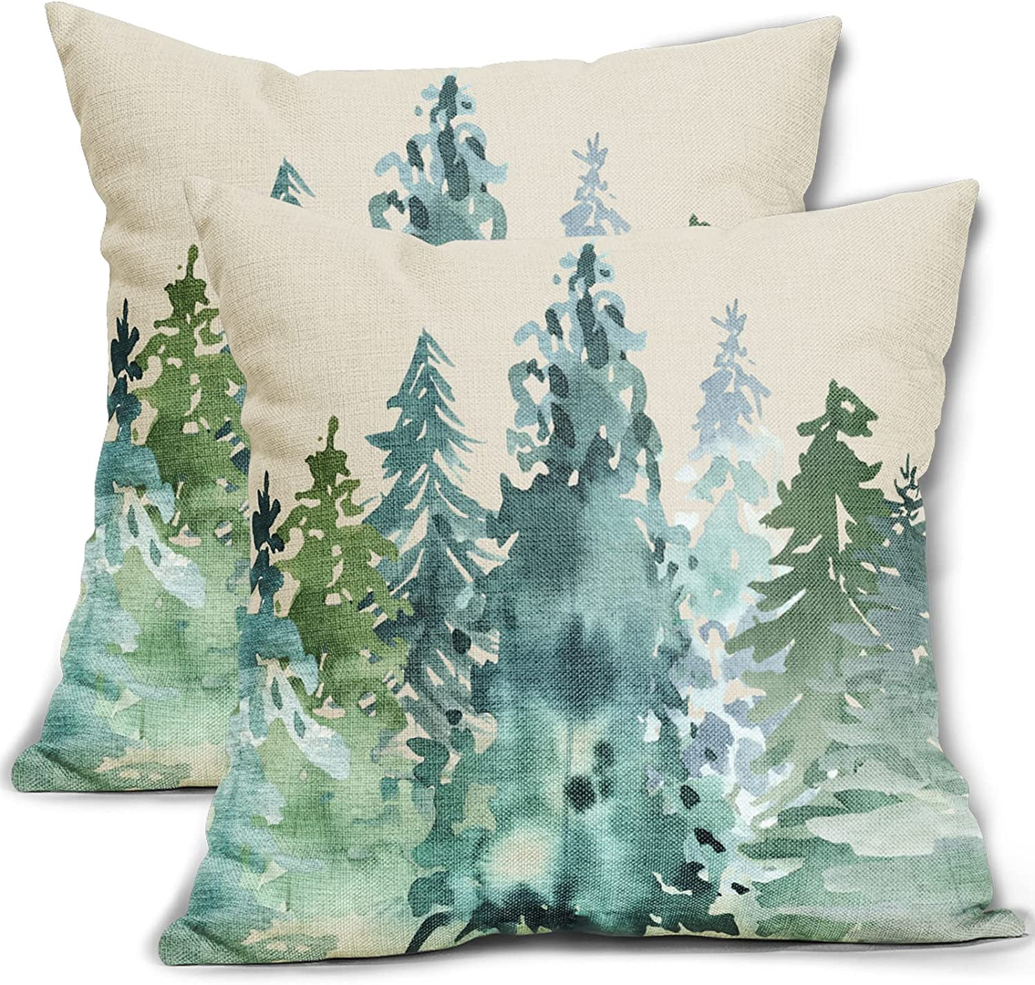 Watercolor Blue Green Tree Pillow Covers 18x18 Set of 2 Rustic Style ...