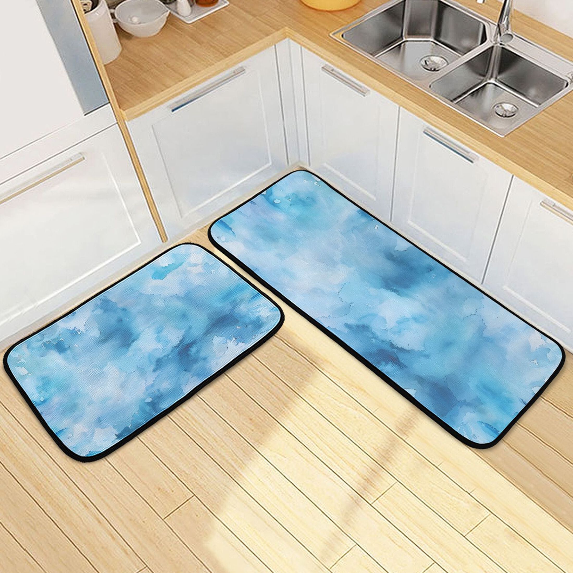 Watercolor Blue Kitchen Rugs Set of 2 Non Slip Floor Foam Mat Cushioned ...