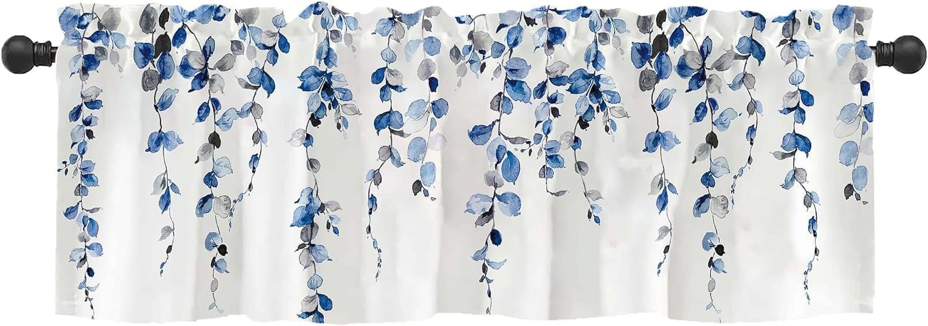 Watercolor Blue Leaves Window Valance for Bedroom Living Room, Grey ...