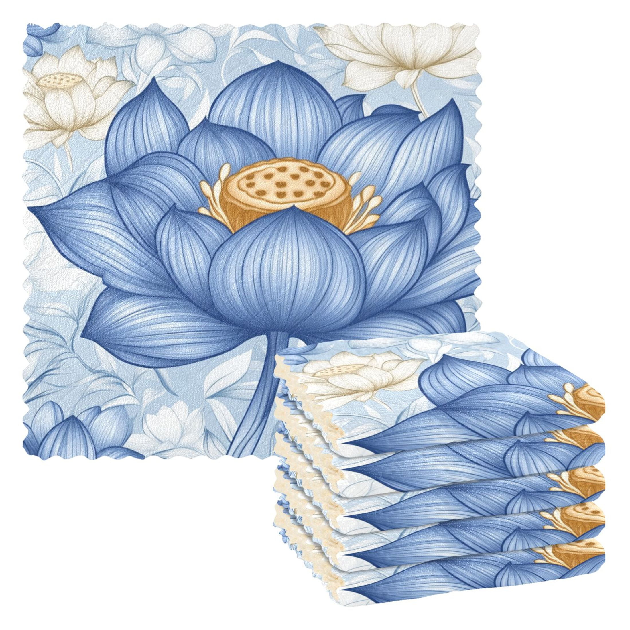 Watercolor Blue Lotus Figure Kitchen Cloth Dish Towels for Drying ...