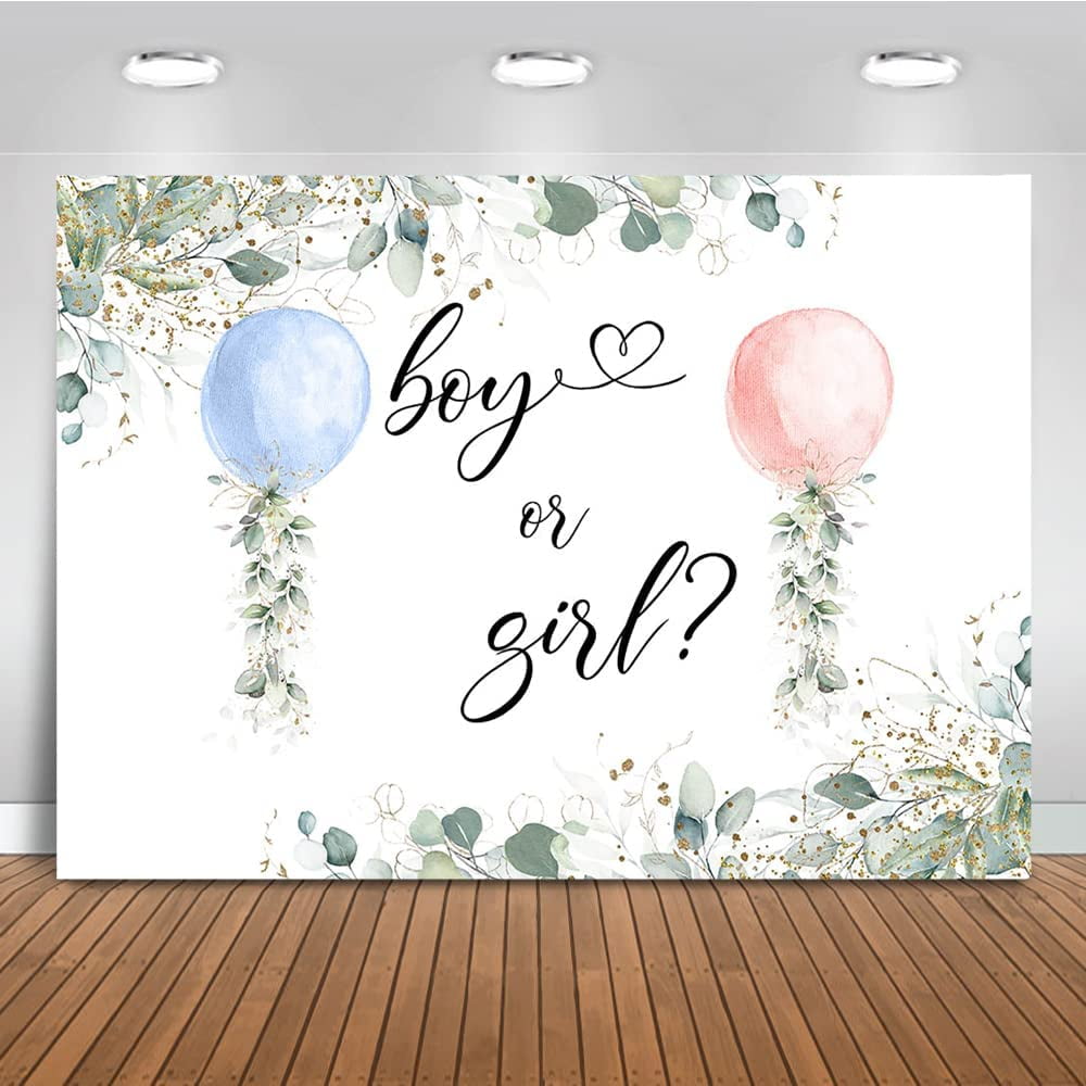 Watercolor Blue or Pink Balloons Backdrop Greenery Boy or Girl Gender ...