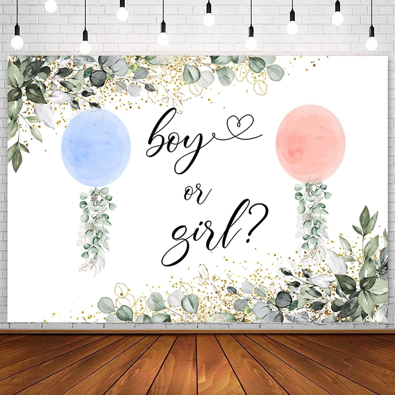 Watercolor Blue or Pink Balloons Gender Reveal Backdrop Greenery Boy or ...