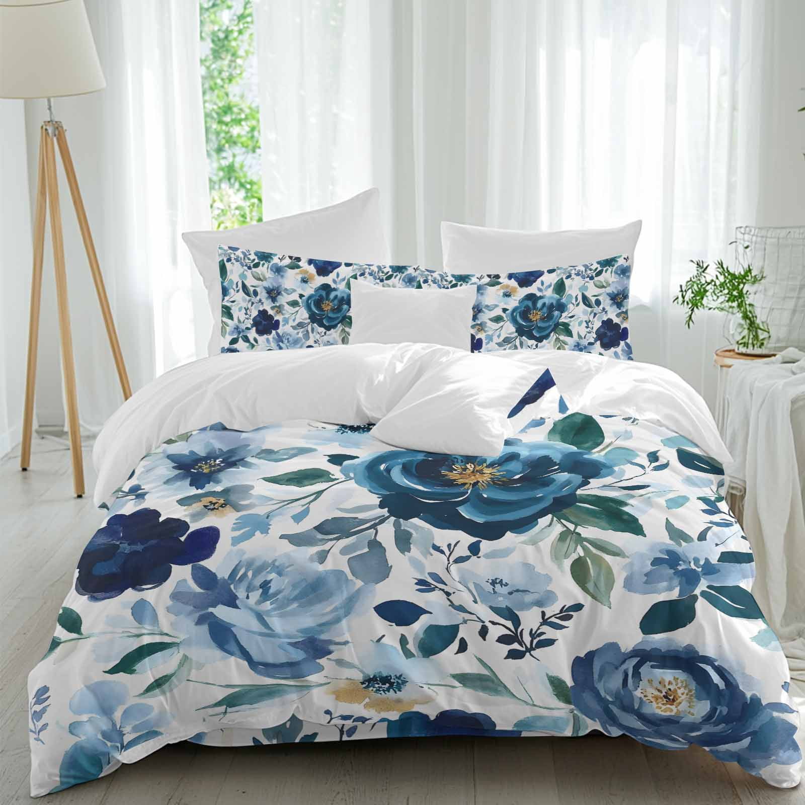 Watercolor Blue Rose 4 Piece Duvet Cover Set Twin Size Blue Floral Leaf ...