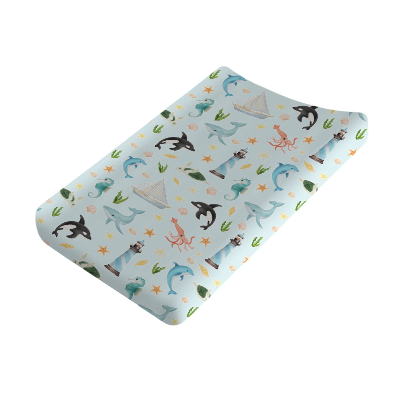 Watercolor Blue Sea Animals Changing Pad Cover Whale Sea Horse Dolphin ...