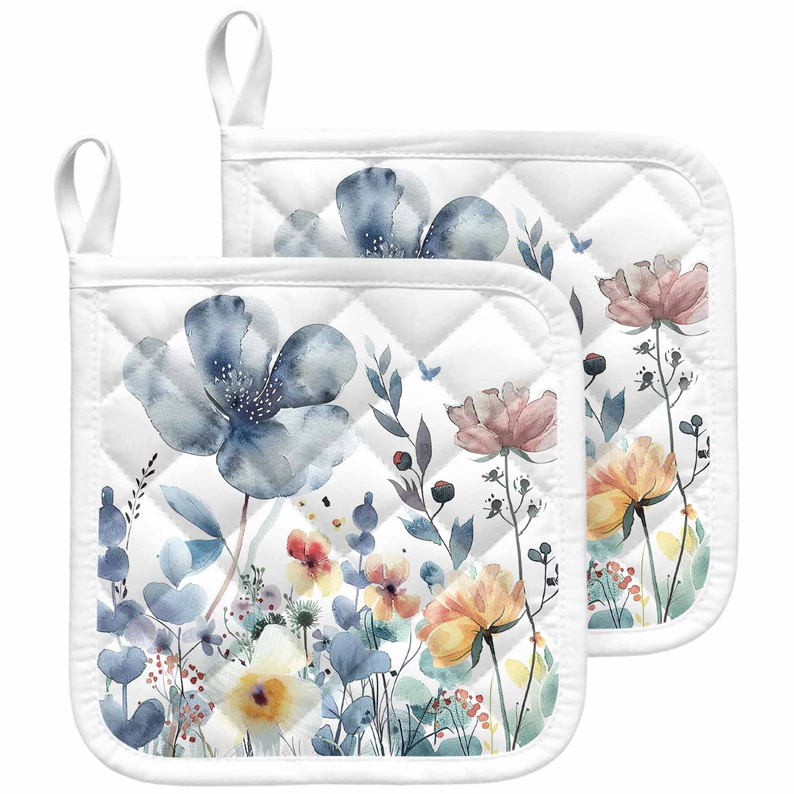 Watercolor Blue Spring Floral Pot Holders for Kitchen Heatproof ...