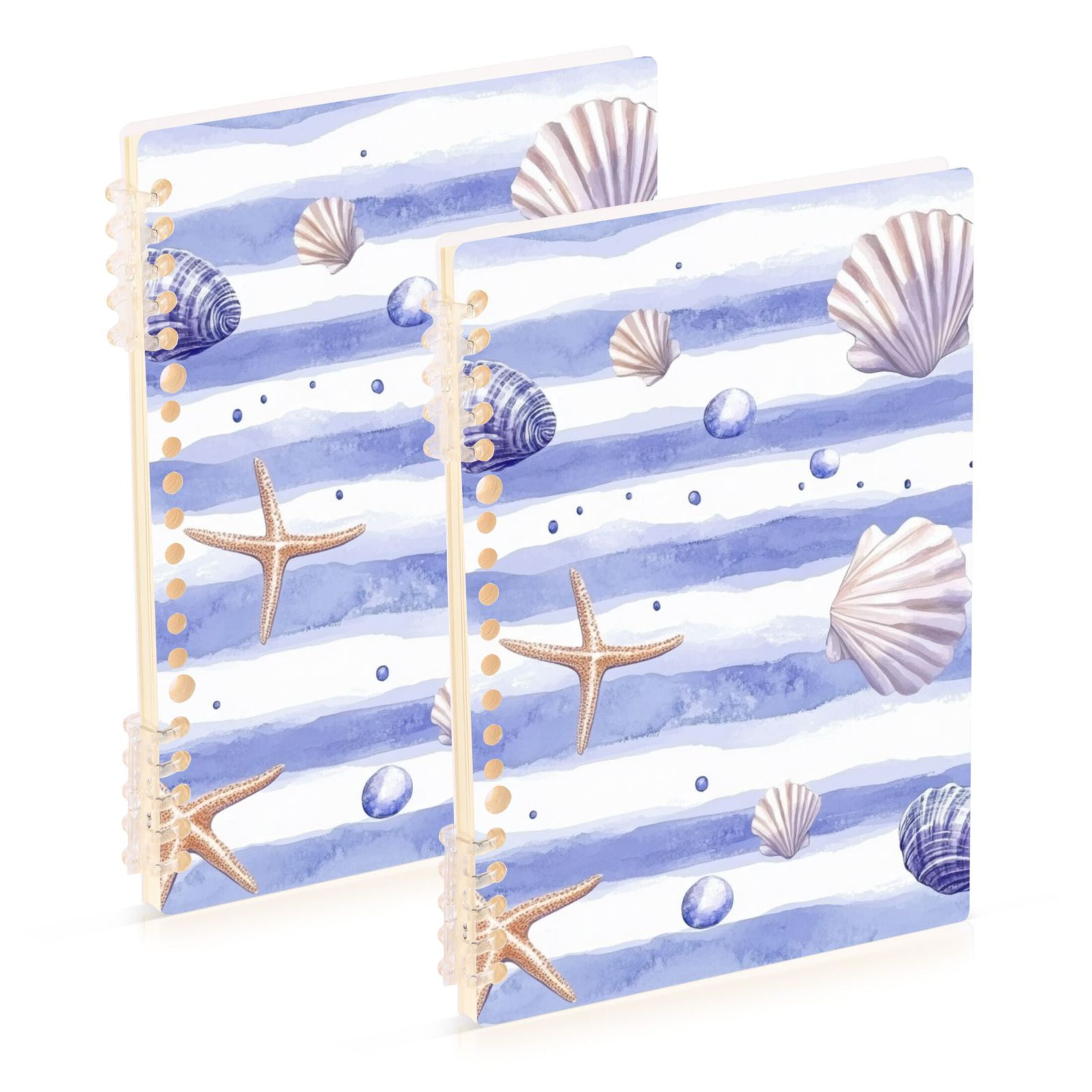 Watercolor Blue Stripes Starfishes Shells Notebook Detachable Coil Notebook Diary A5 Size 60 ...
